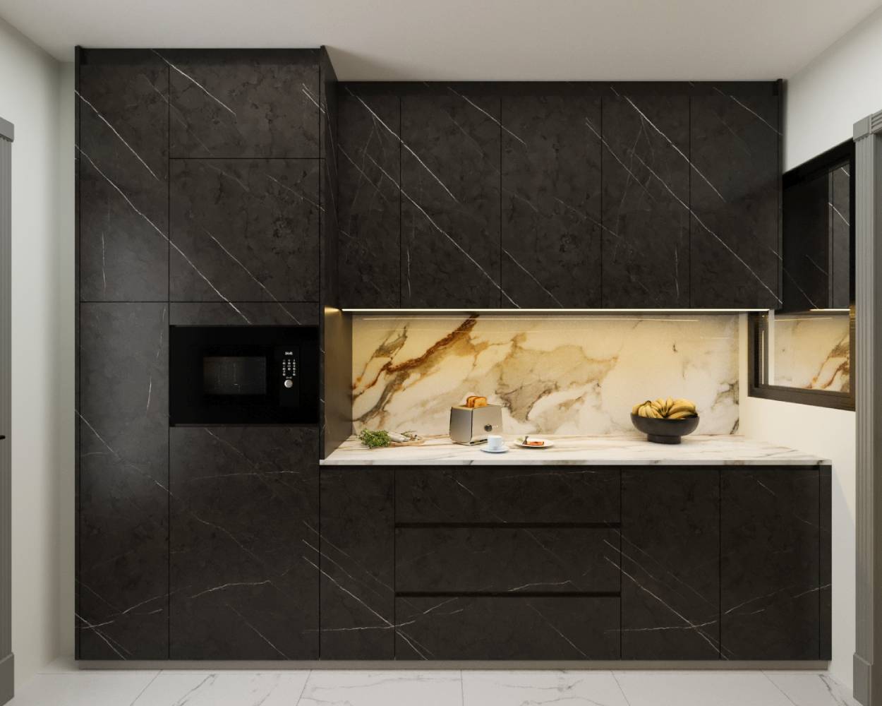 Parallel Kitchen Design With Black Marble Finish Cabinets And White ...