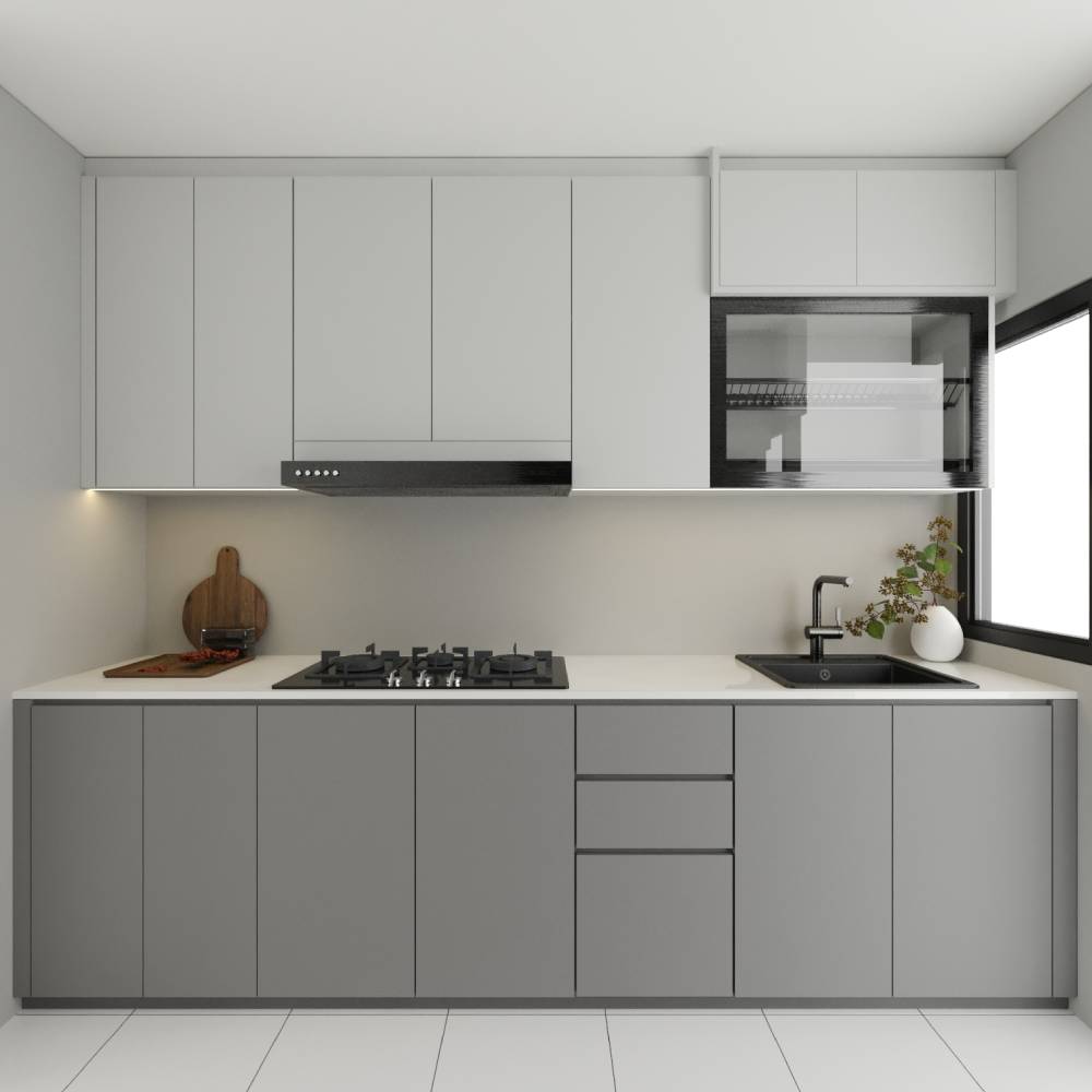 Grey Parallel Kitchen Design With White Quartz Countertop And ...