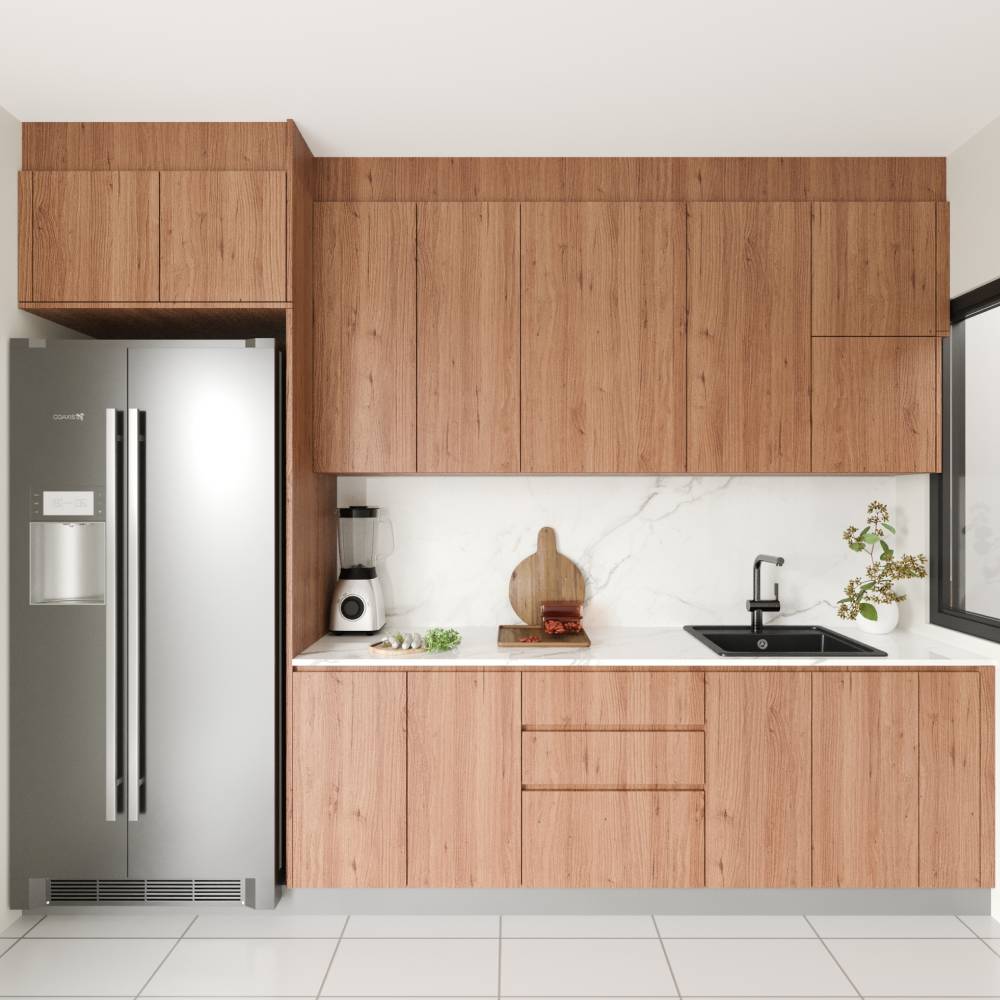 Straight Modern Wooden Kitchen Design With White Countertop And ...