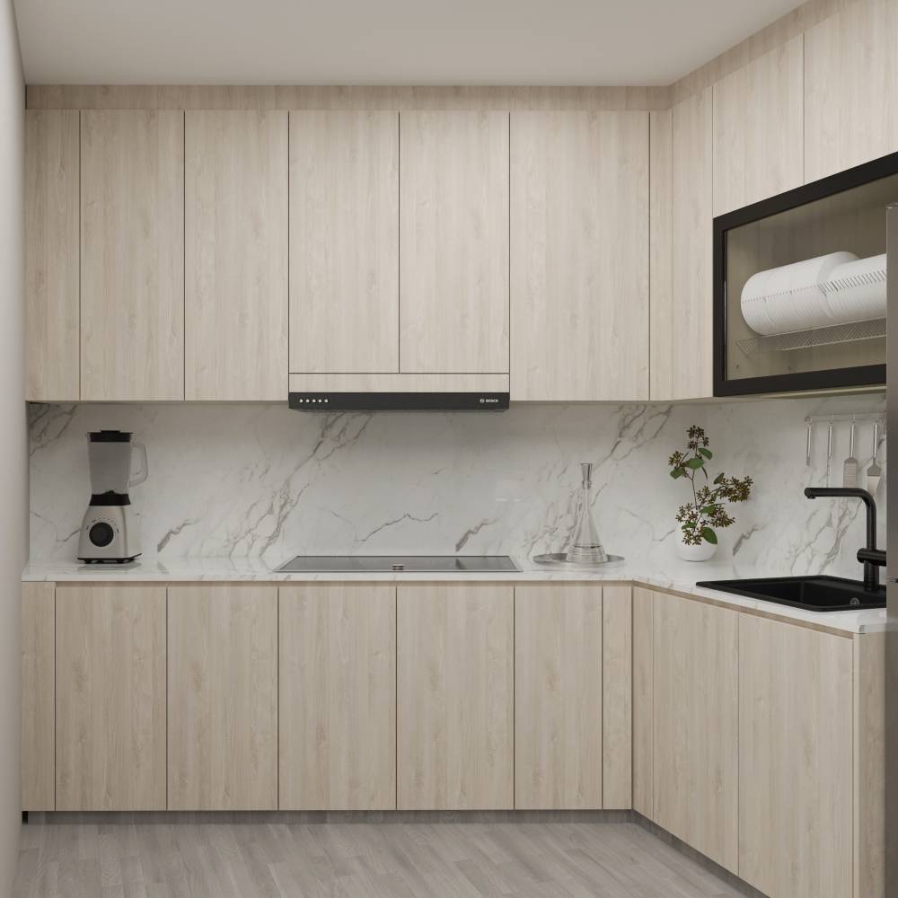 L-Shaped Light Wood Kitchen Design With White Countertop | Livspace