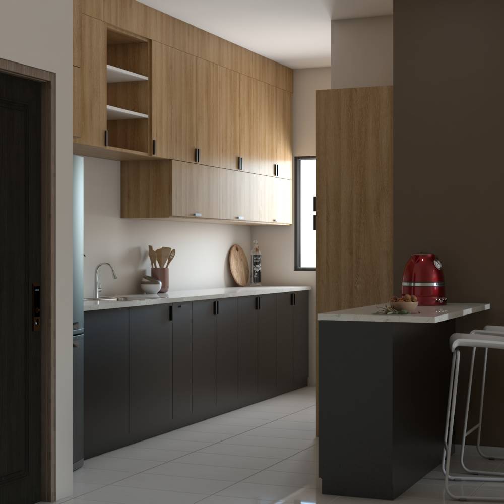 Wood And Black Modular Parallel Kitchen Design With Breakfast Table ...