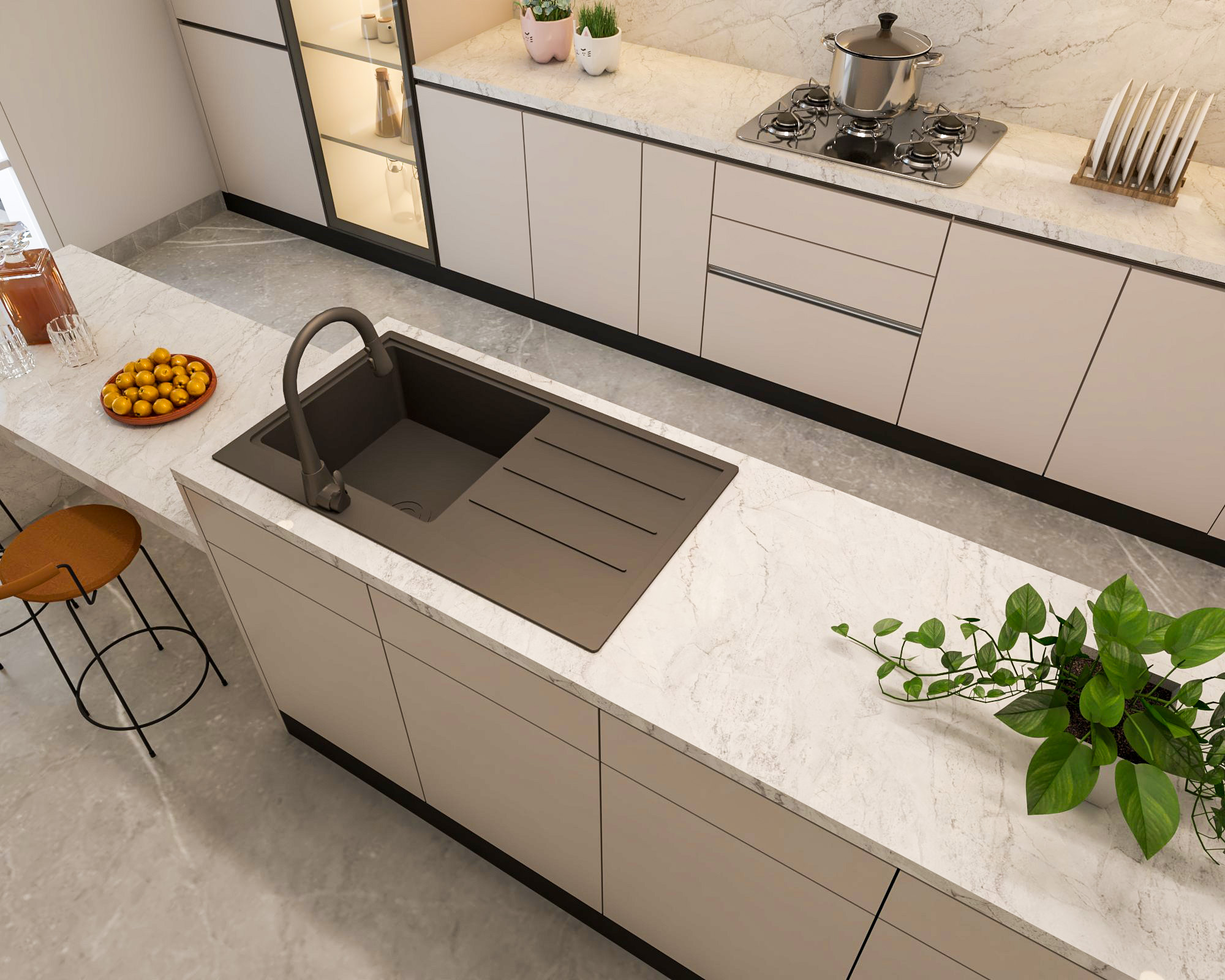 Top Mount Single Bow Black Quartz Kitchen Sink Design With Drainboard ...