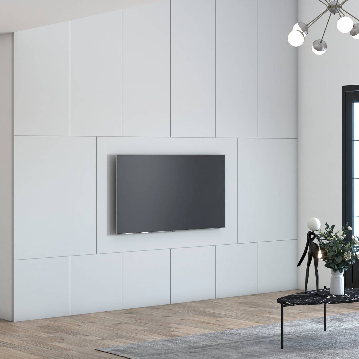 White Minimalistic TV Unit Design With White Backpanel And Grooves ...