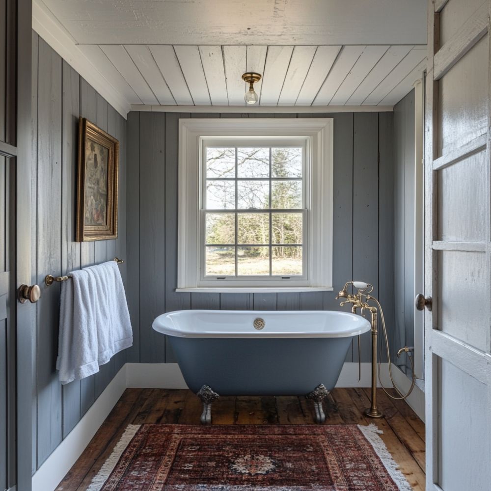 Rustic Bathroom Design with Blue-Gray Clawfoot Tub, Wooden Flooring ...