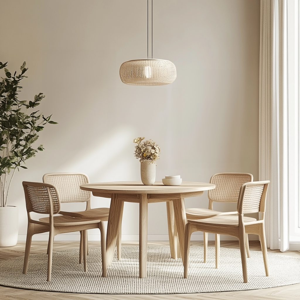 Dining Room Design with Scandinavian Round Table and Rattan Chairs for ...