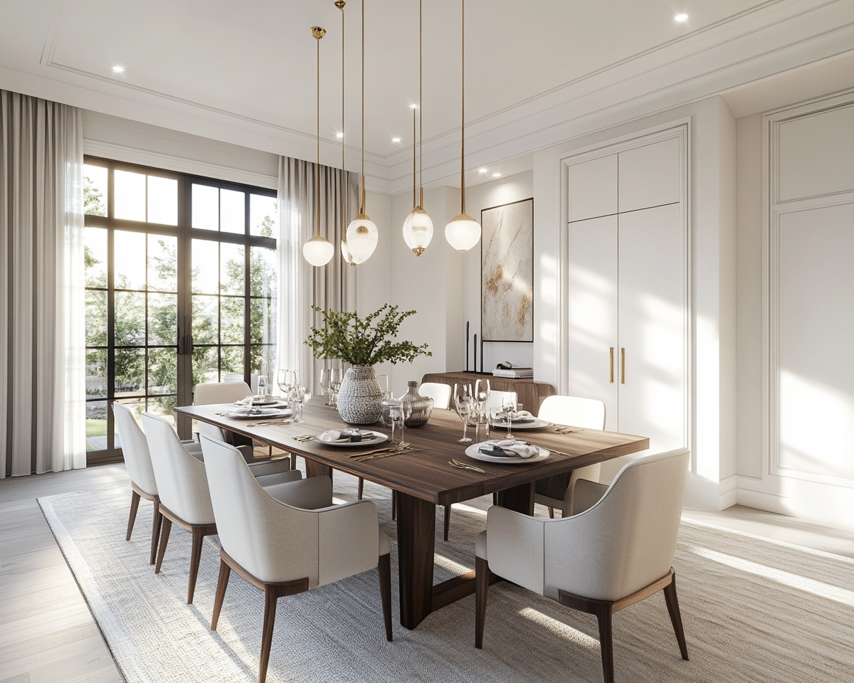 Dining Room Design with Modern 8-Seater Wooden Table, Large Windows and ...