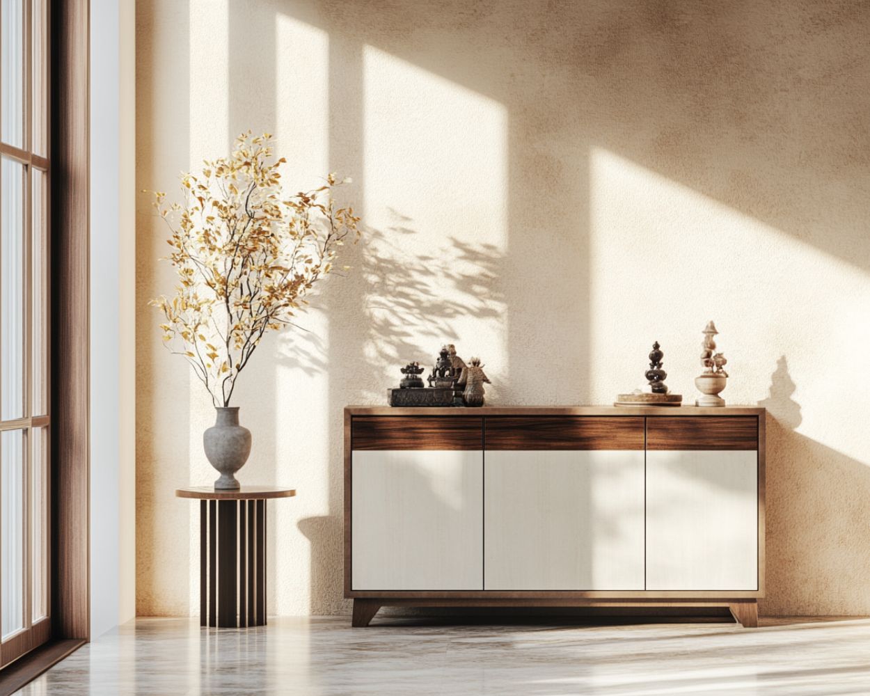 Contemporary White and Wooden Foyer Design with Floor-Mounted Console ...