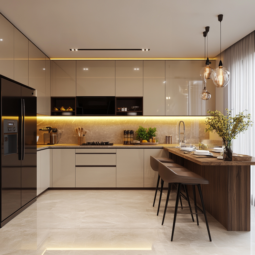 L-Shaped Modern Kitchen Design with Quartz Countertop, Breakfast Bar ...