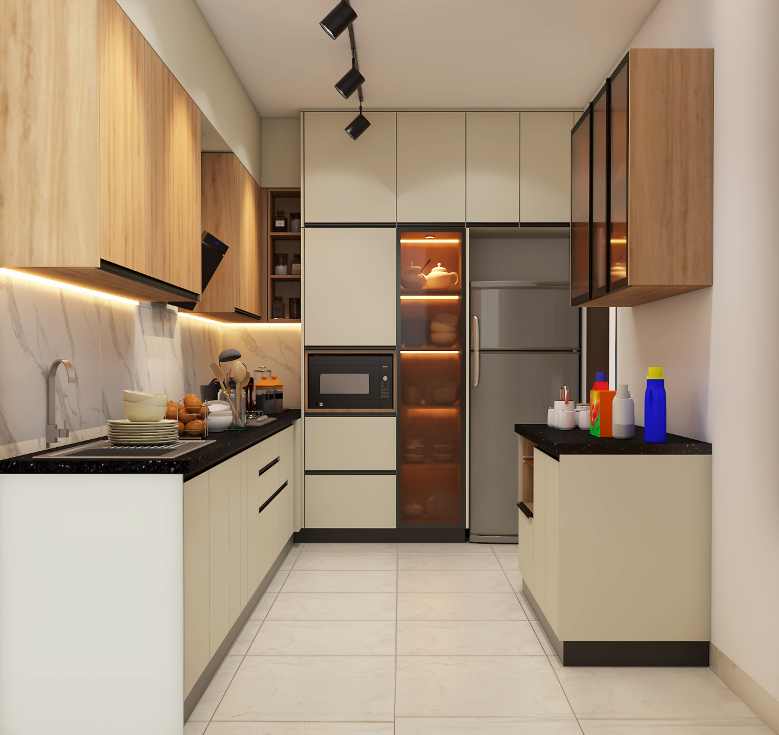 L-Shaped Contemporary Kitchen Design with White and Walnut Cabinets ...