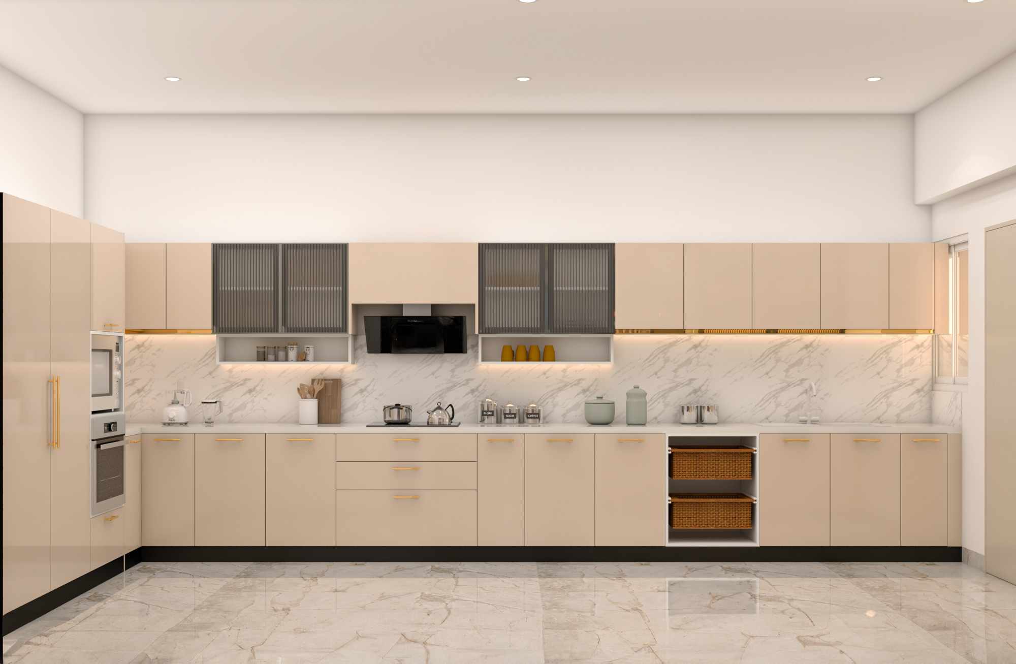 L-Shaped Modern Kitchen Design with Quartz Countertop, Beige Cabinets ...