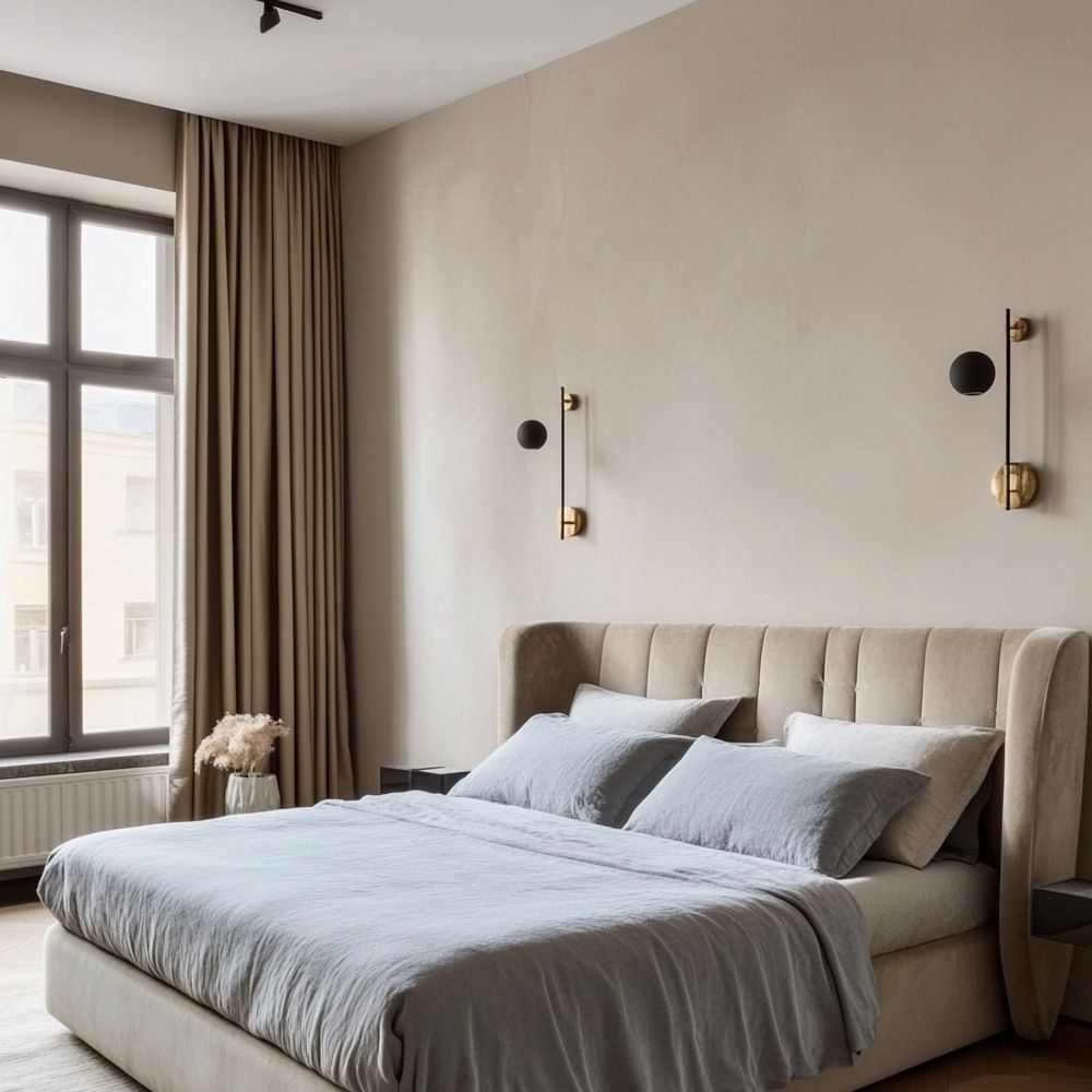 Master Bedroom Design with Modern Queen Bed, Textured Wall, and Warm ...