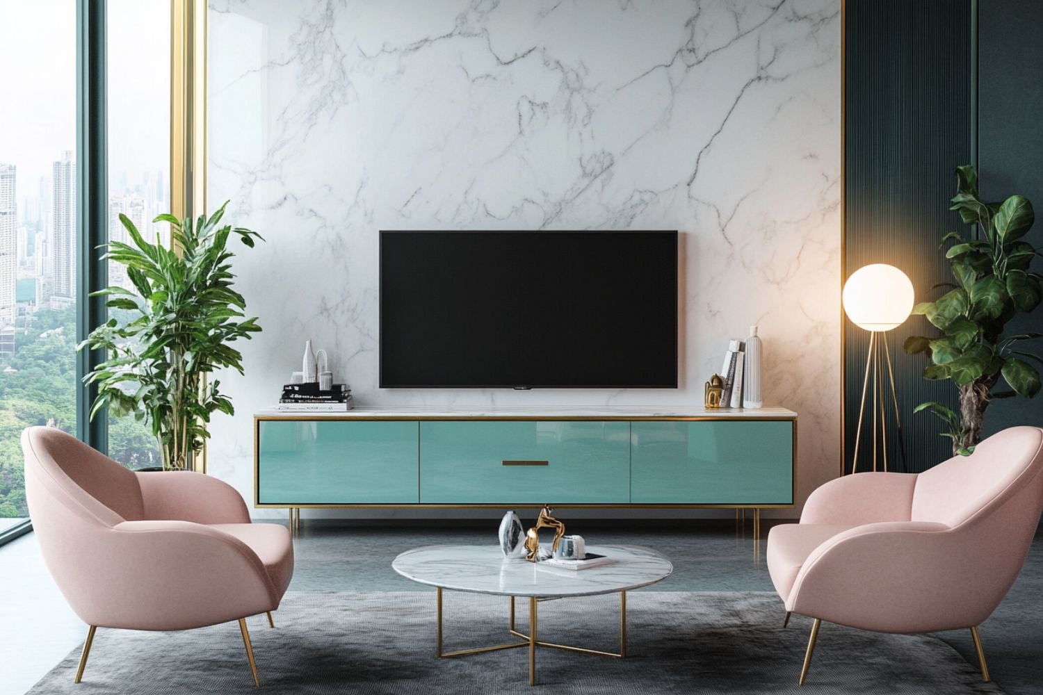 Floor-Mounted Contemporary Mint Green TV Unit Design with Pink Chairs ...