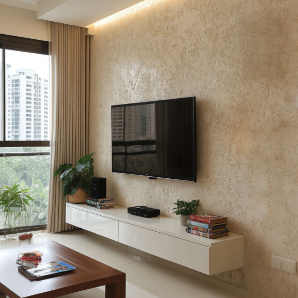 Wall-Mounted Minimal White TV Unit Design with Storage and Textured ...
