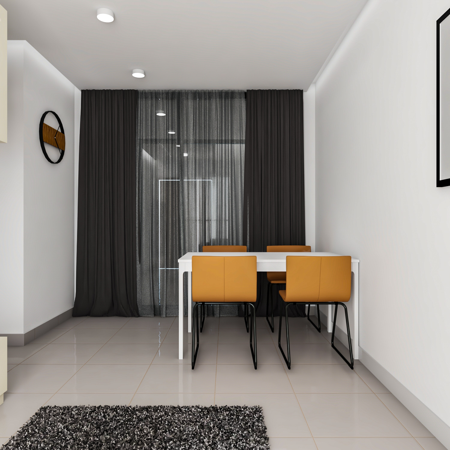 Compact 4-Seater Modern Dining Room Design With Black Curtains | Livspace