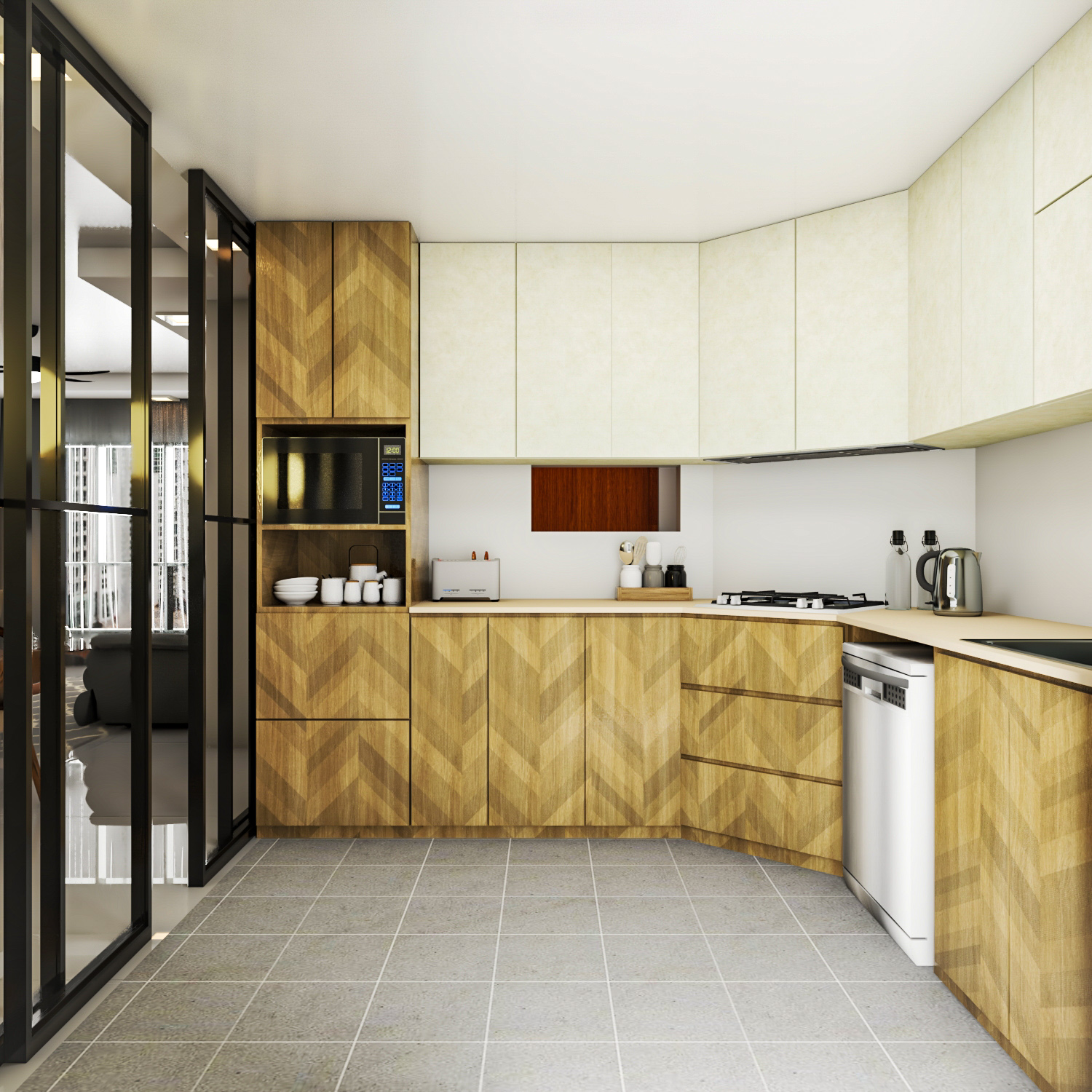 Curved Wall Compact Kitchen Design with Wooden Texture | Livspace