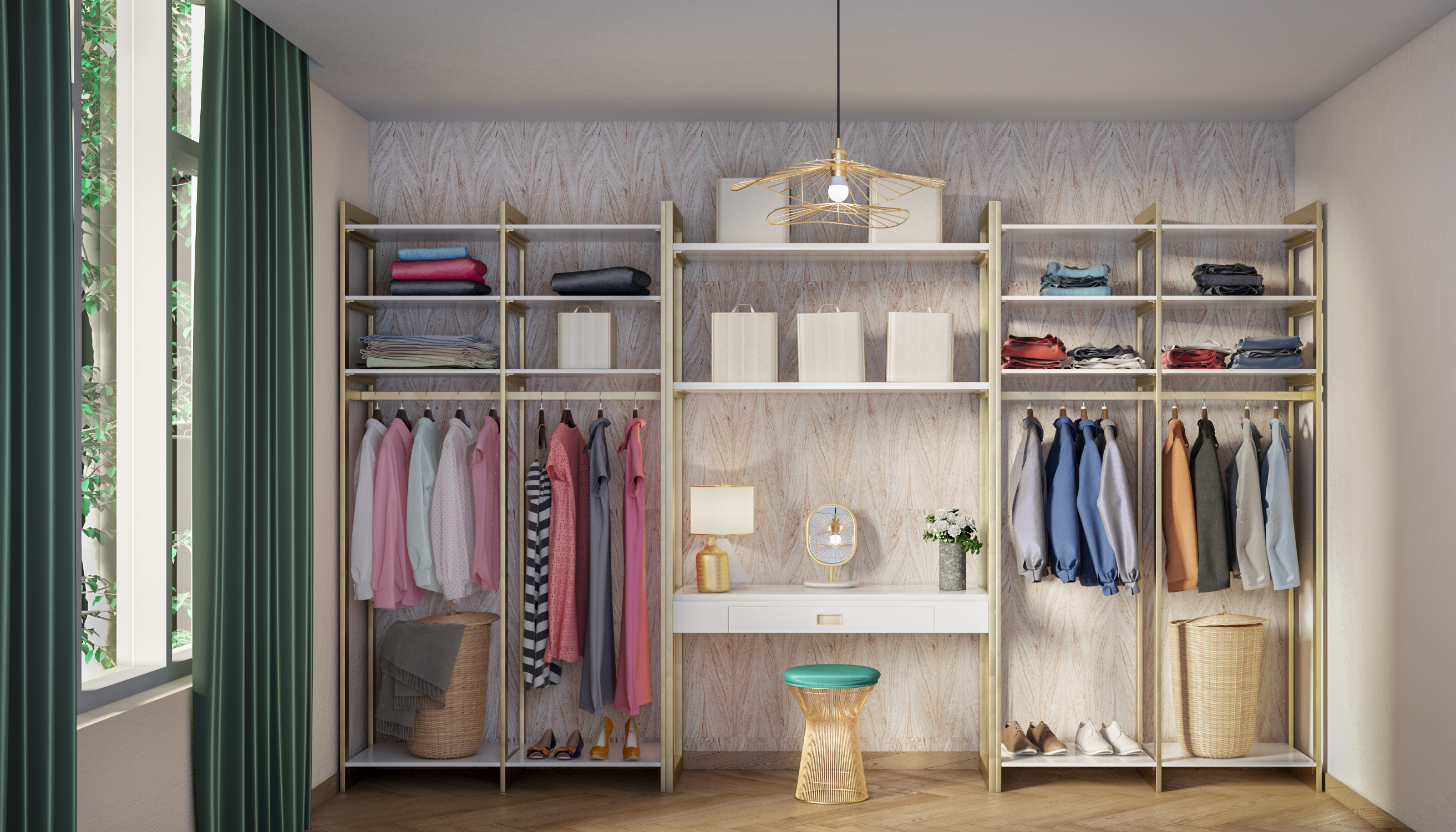 Modern Spacious Open Wardrobe Design with Dresser and Shelves | Livspace