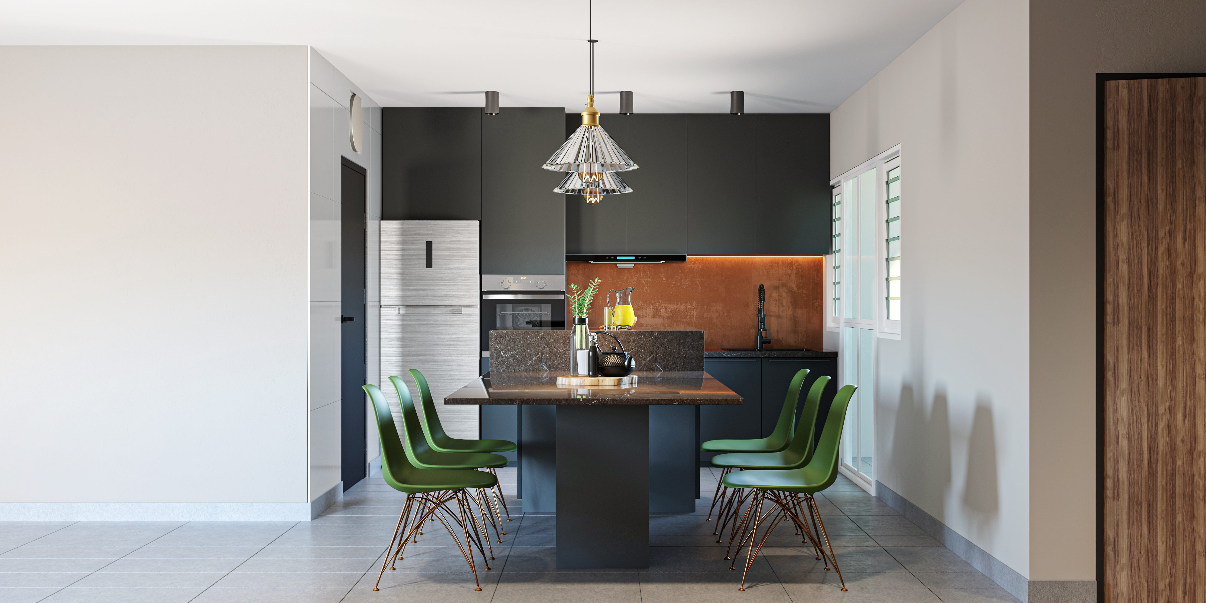 Spacious Dining Hall With Contemporary Design & Green Chairs | Livspace