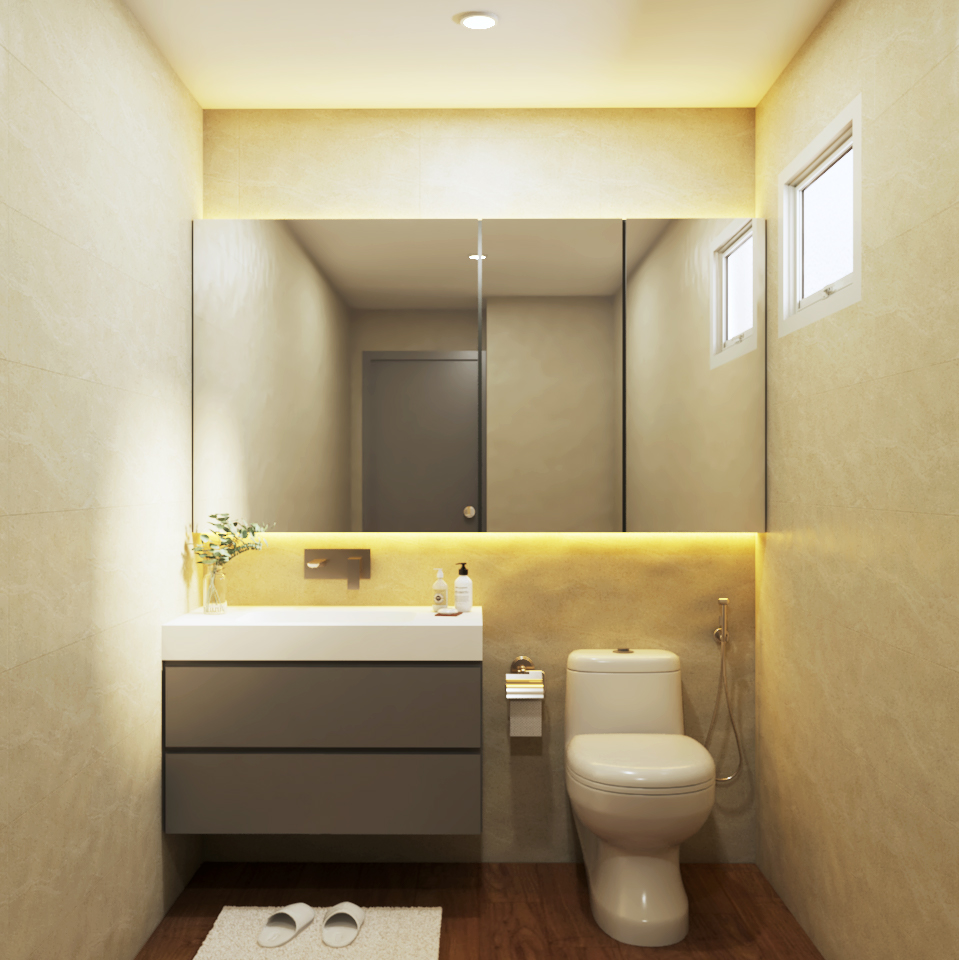 Compact Bathroom Design With Yellow Accent Wall And Cove Lighting ...