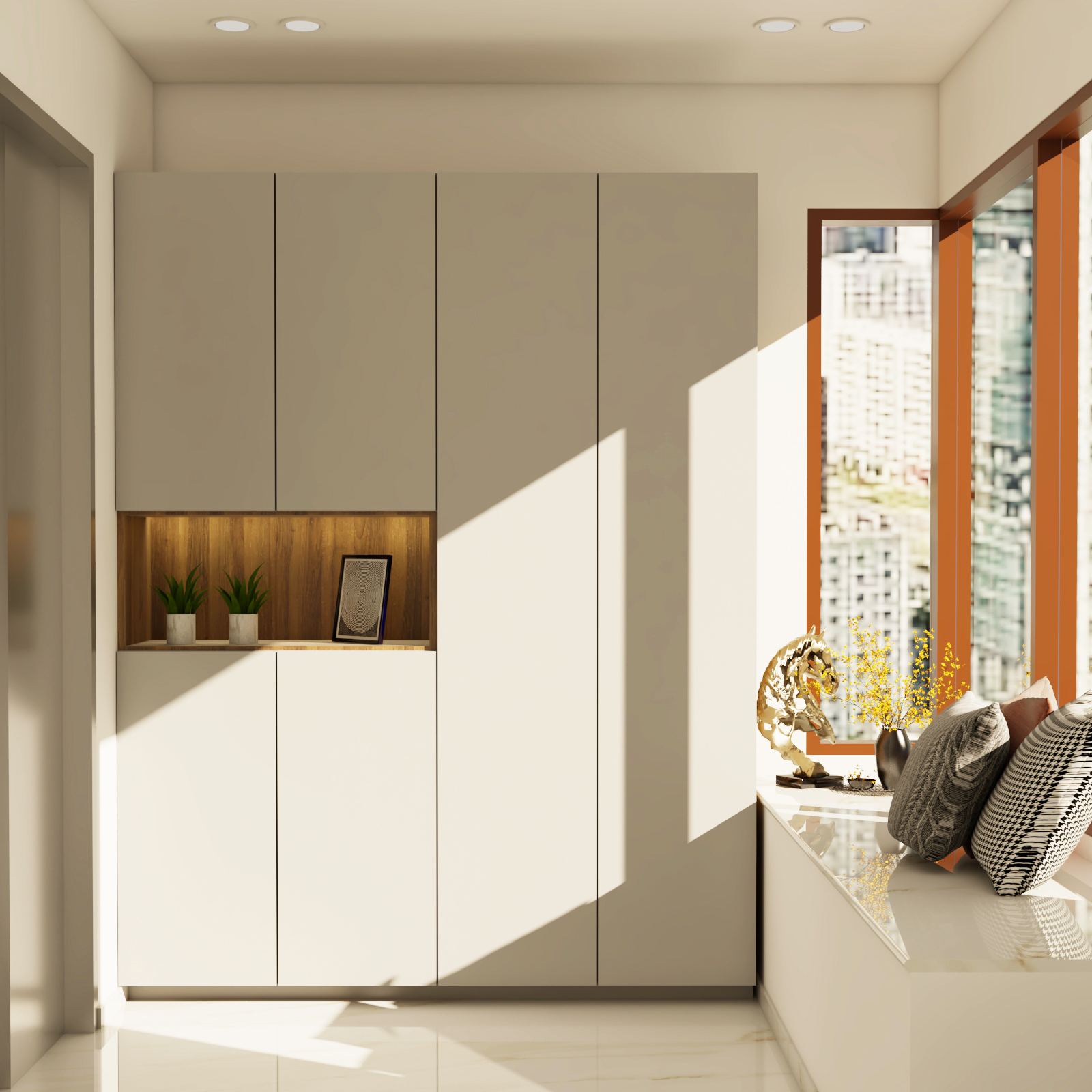 Spacious Foyer Design With Tall Storage And Window Seater | Livspace