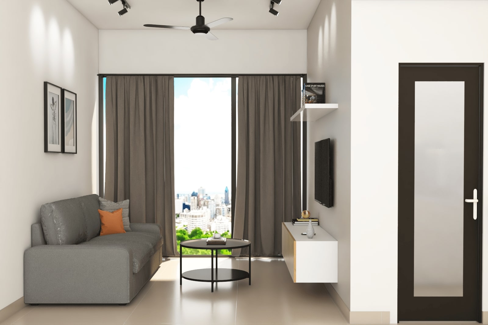 Compact Living Room Design With 3-Seater Grey Sofa | Livspace