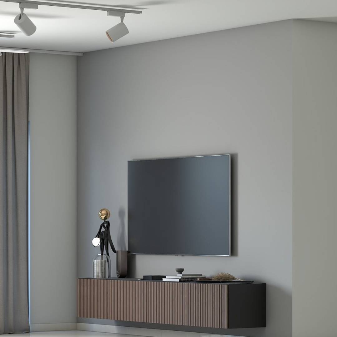 Classic Grey And White TV Unit Design With Floating Wooden Console ...