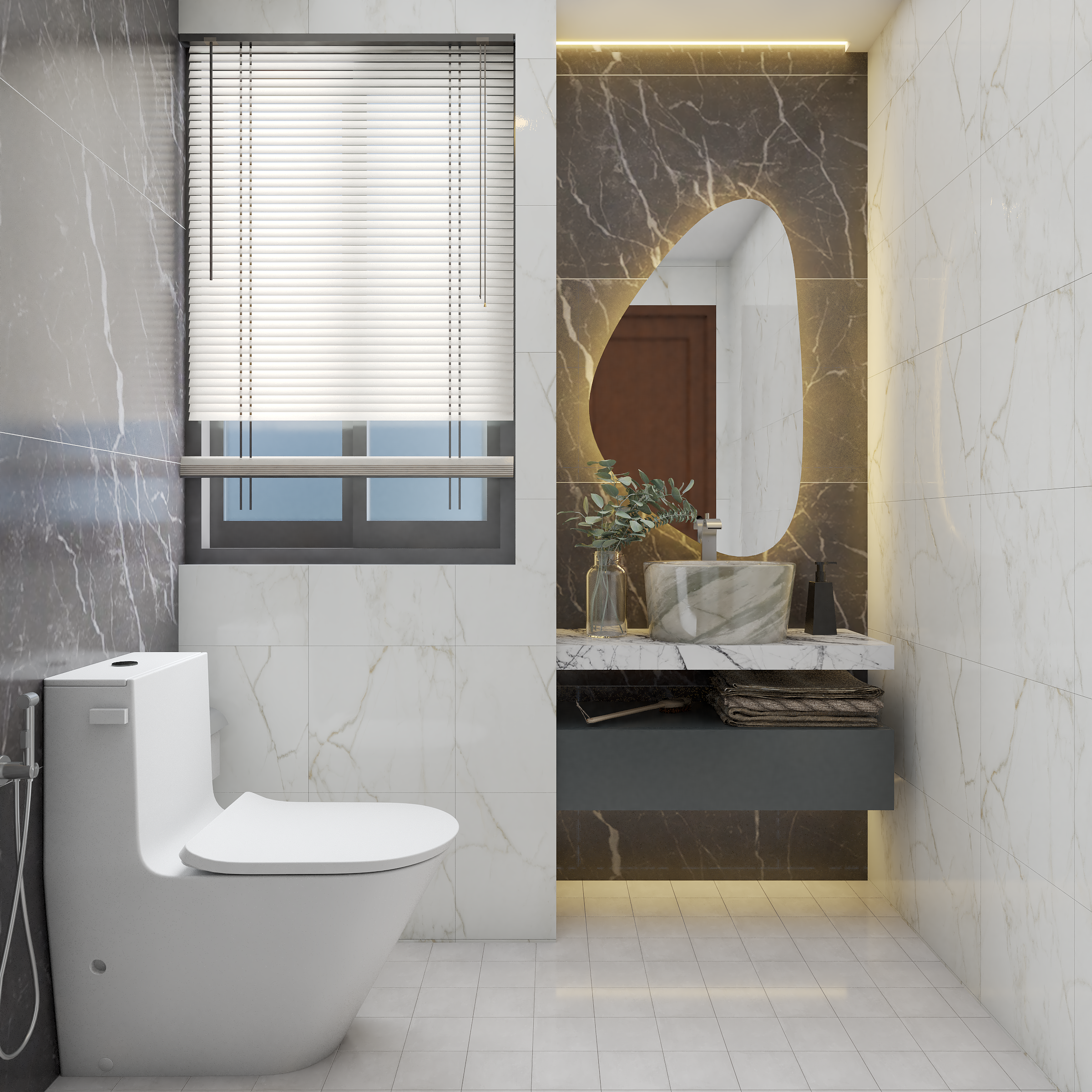 Modern Compact Toilet Design With Backlit Mirror | Livspace