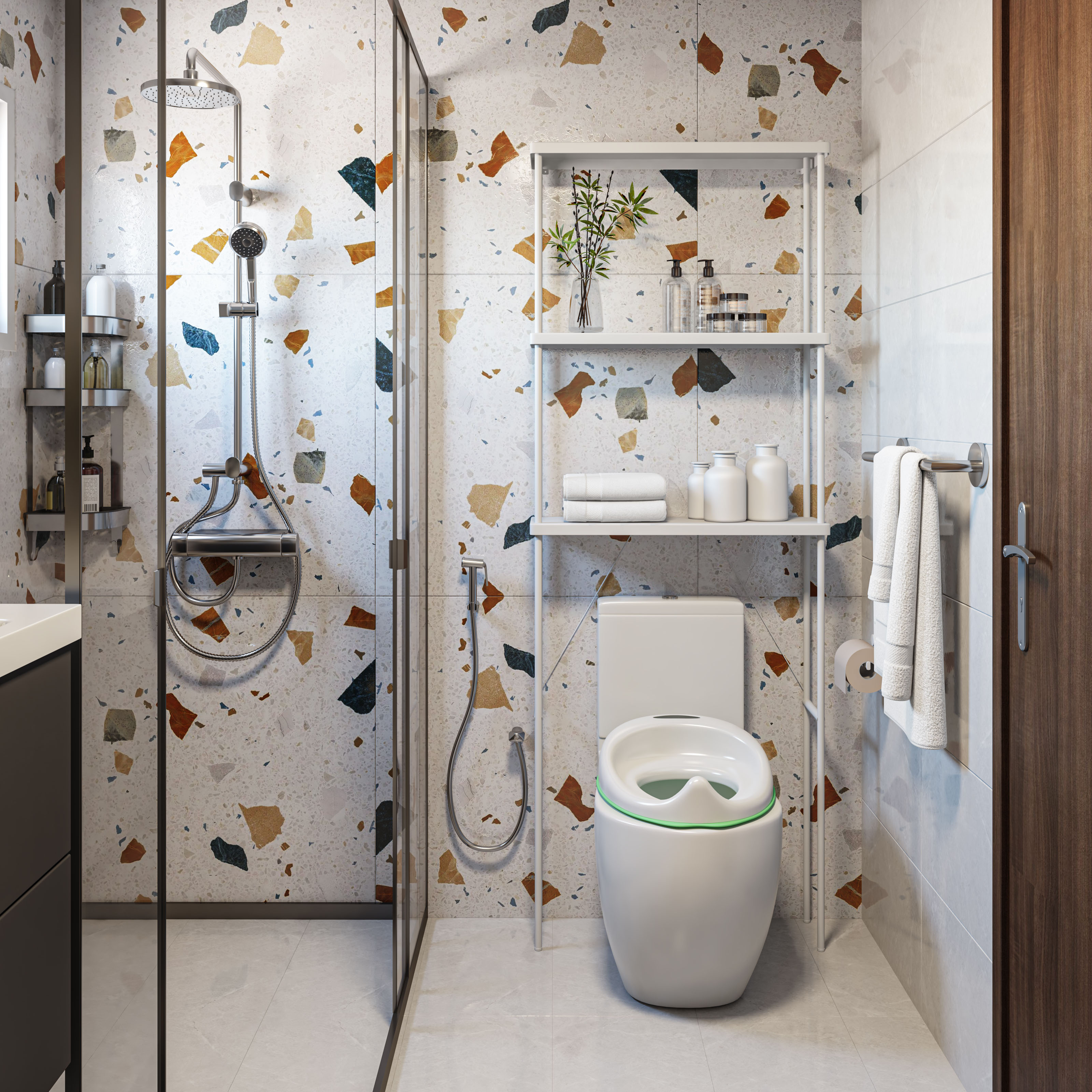 Contemporary Compact Toilet Design With Silver Fittings | Livspace