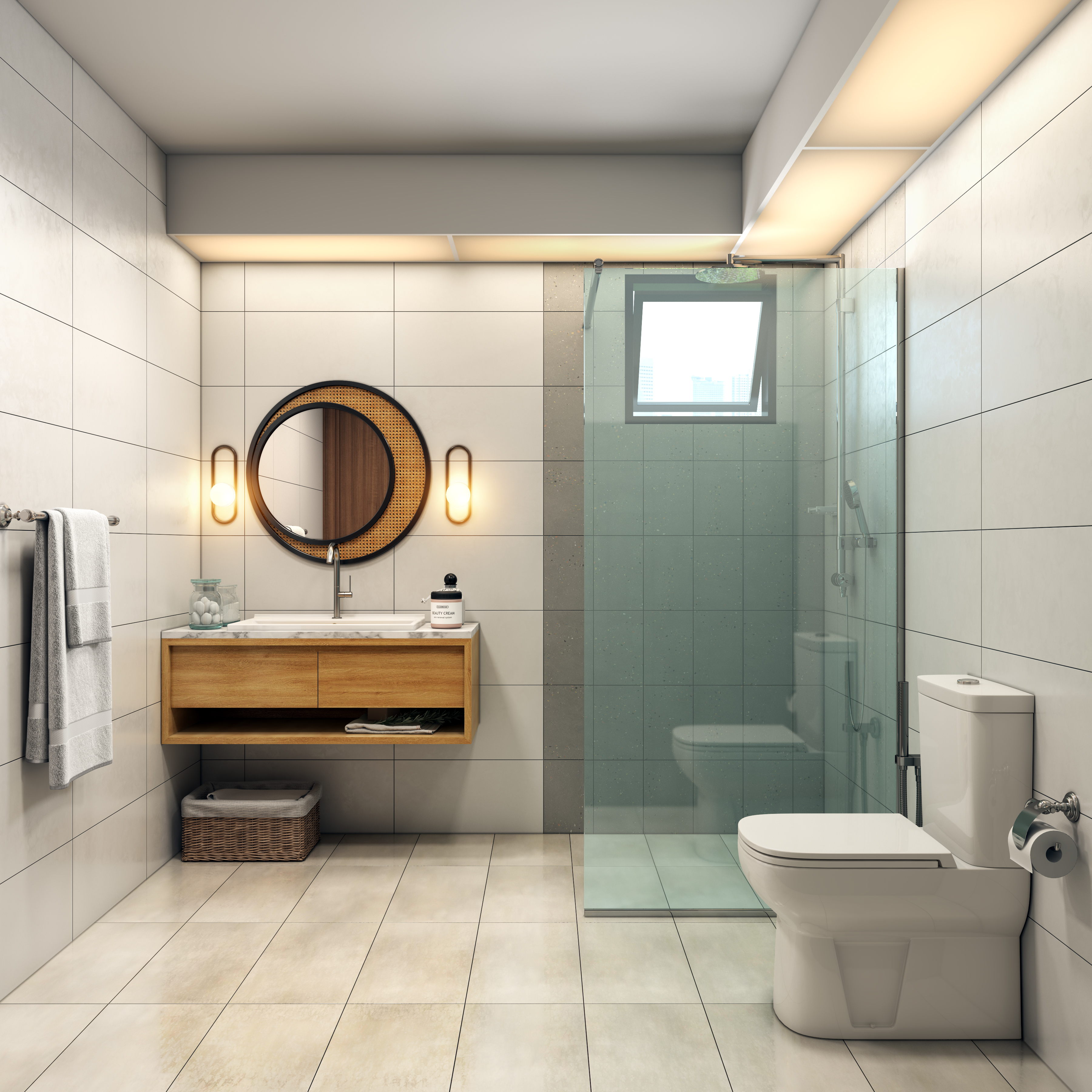 Contemporary Spacious Toilet Design With Storage Cabinet | Livspace