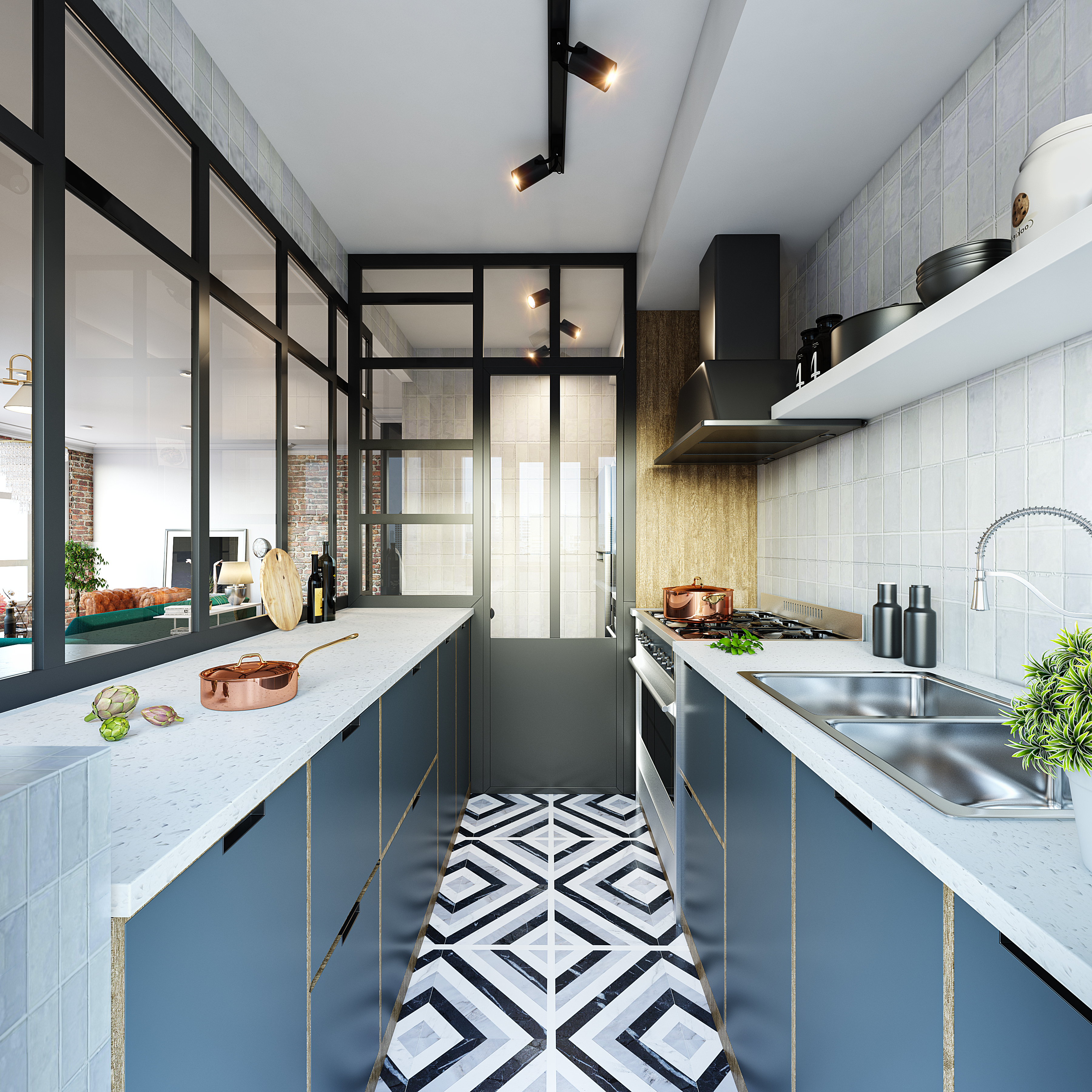 Contemporary Blue and White Kitchen Design with Glass Partition | Livspace