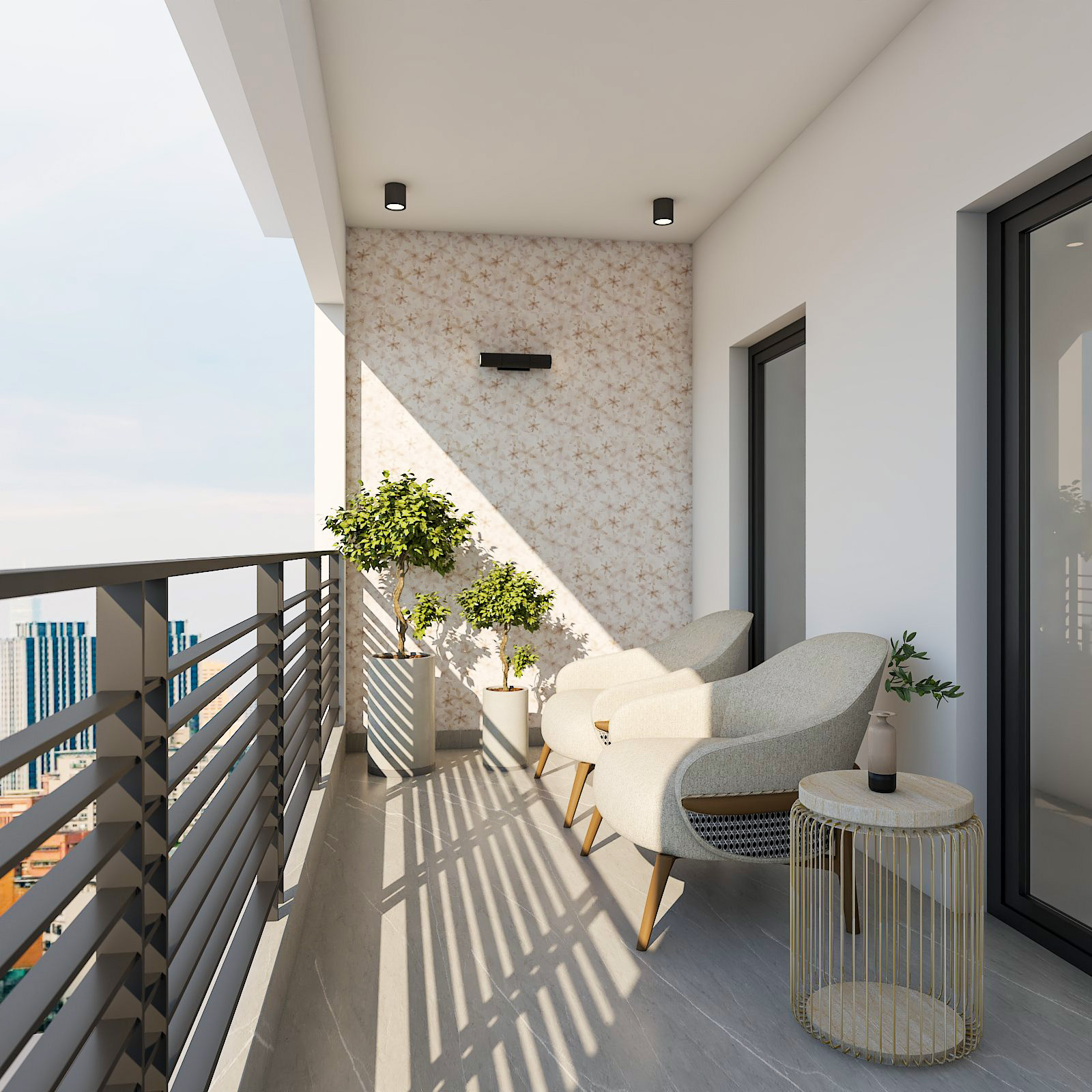 Spacious Balcony Design With Floral Wallpaper And Cream-Toned Accent ...