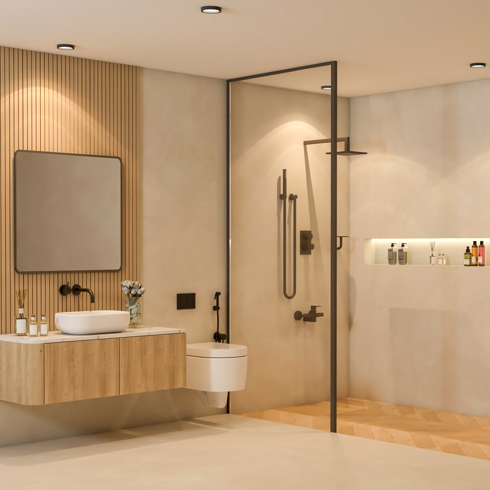 Spacious Bathroom Design In Beige And Wood With Square Mirror | Livspace