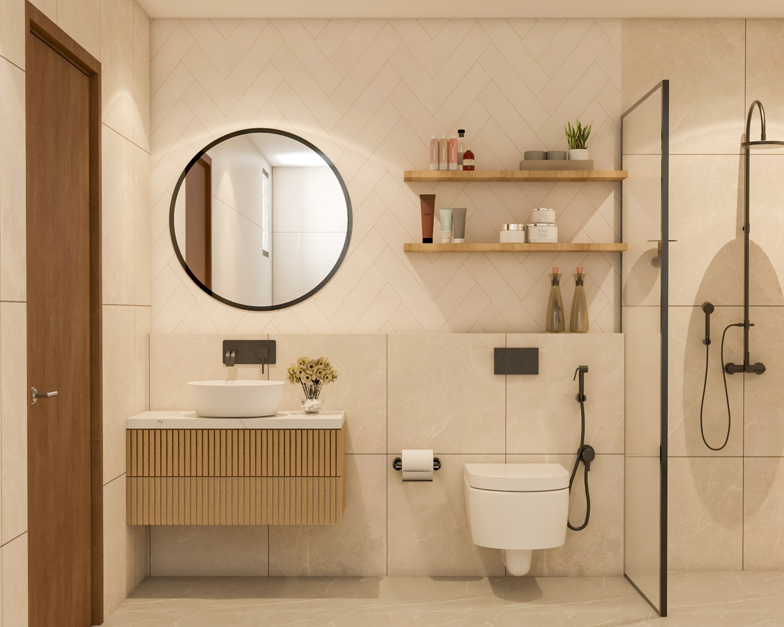 Stylish White and Marble Bathroom Design with Floating Fluted Vanity Unit | Livspace