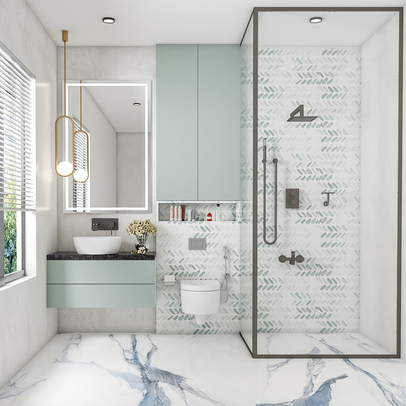 Modern Bathroom Design With Multicolor Tiles & Drawer With Wall Storage ...