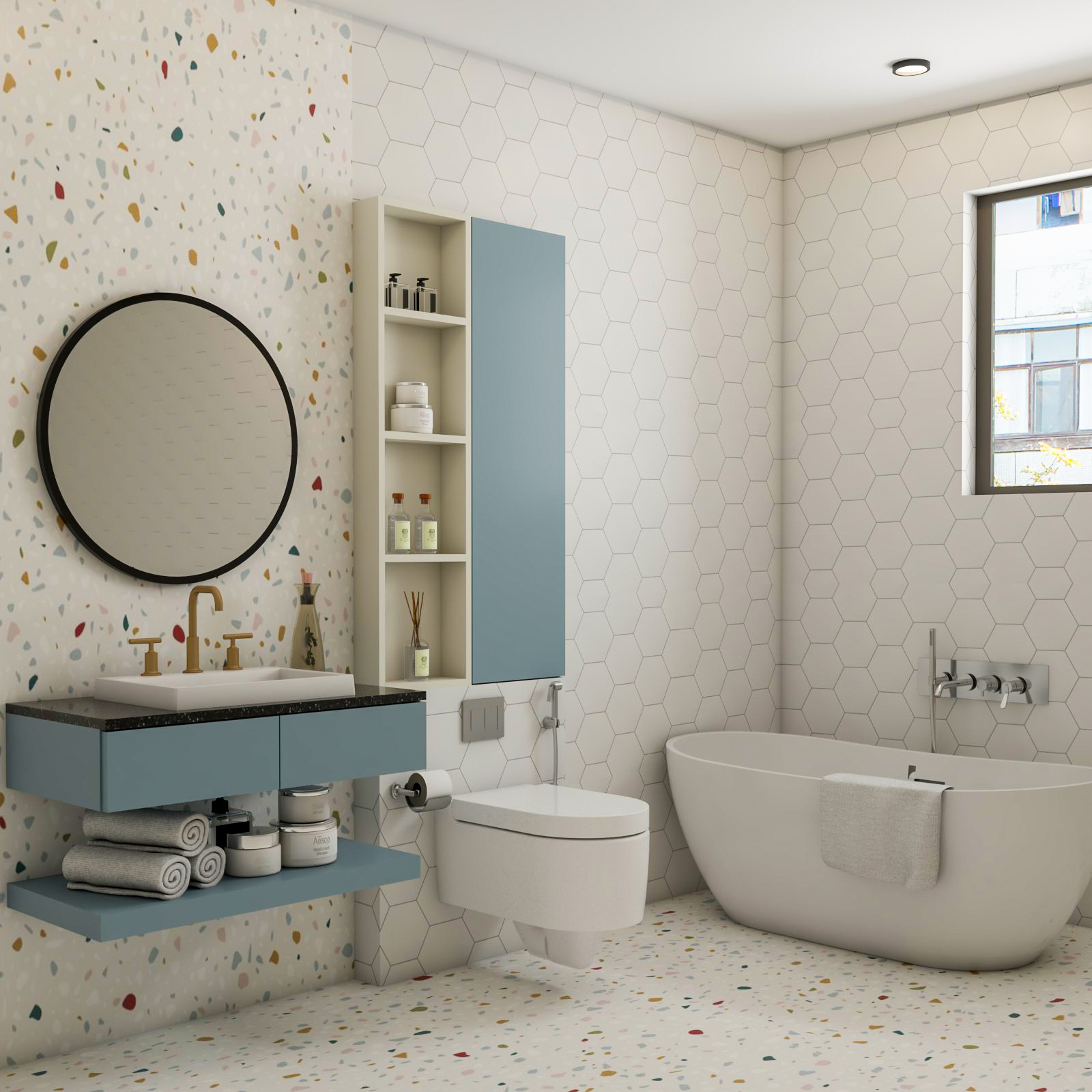 Spacious Bathroom Design With Multicoloured Spots And White Hexagonal ...
