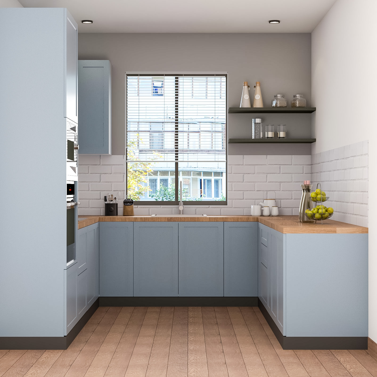 Compact U-Shaped Kitchen Design In Blue With Wooden Countertop | Livspace
