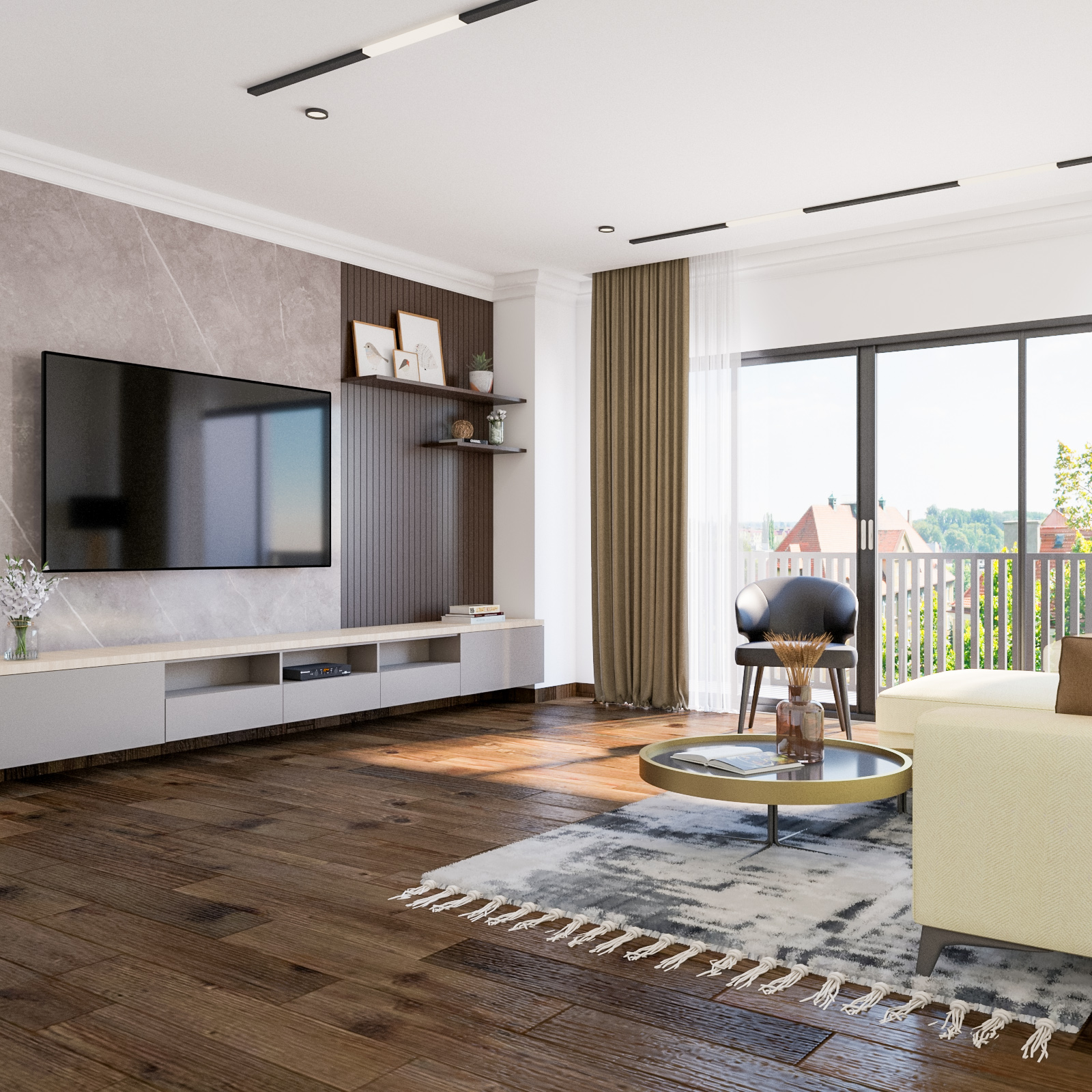 Grey Contemporary TV Unit Design With Wall-Mounted Console And Partial ...