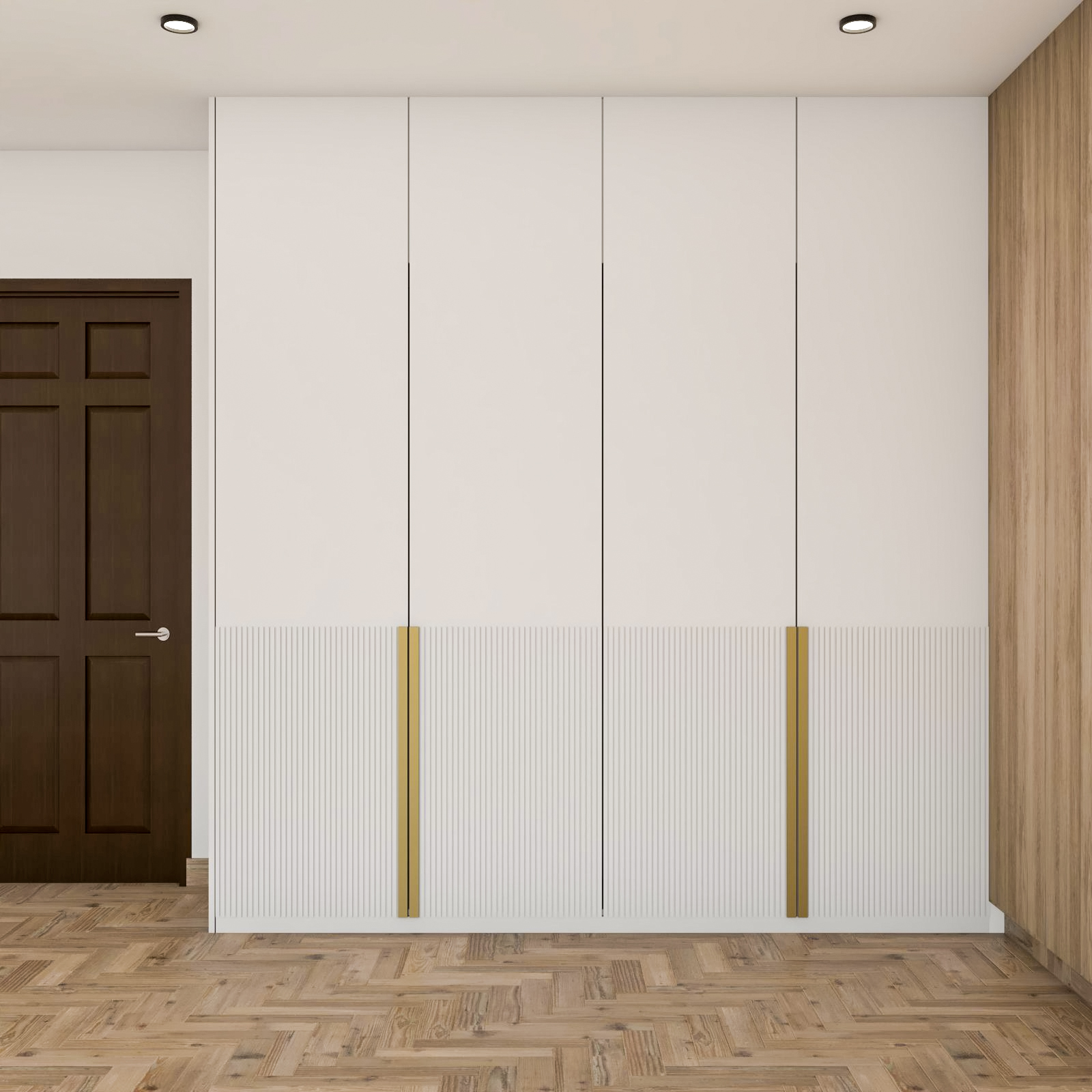 4-Door Swing Wardrobe Design In White And Brown With Fluted Panelling ...