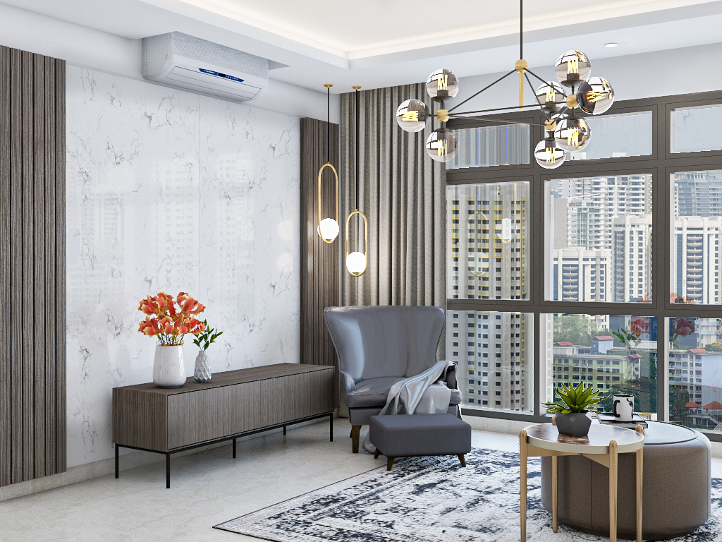 Spacious Multi-purpose Living Room with Dining and Console Table | Livspace