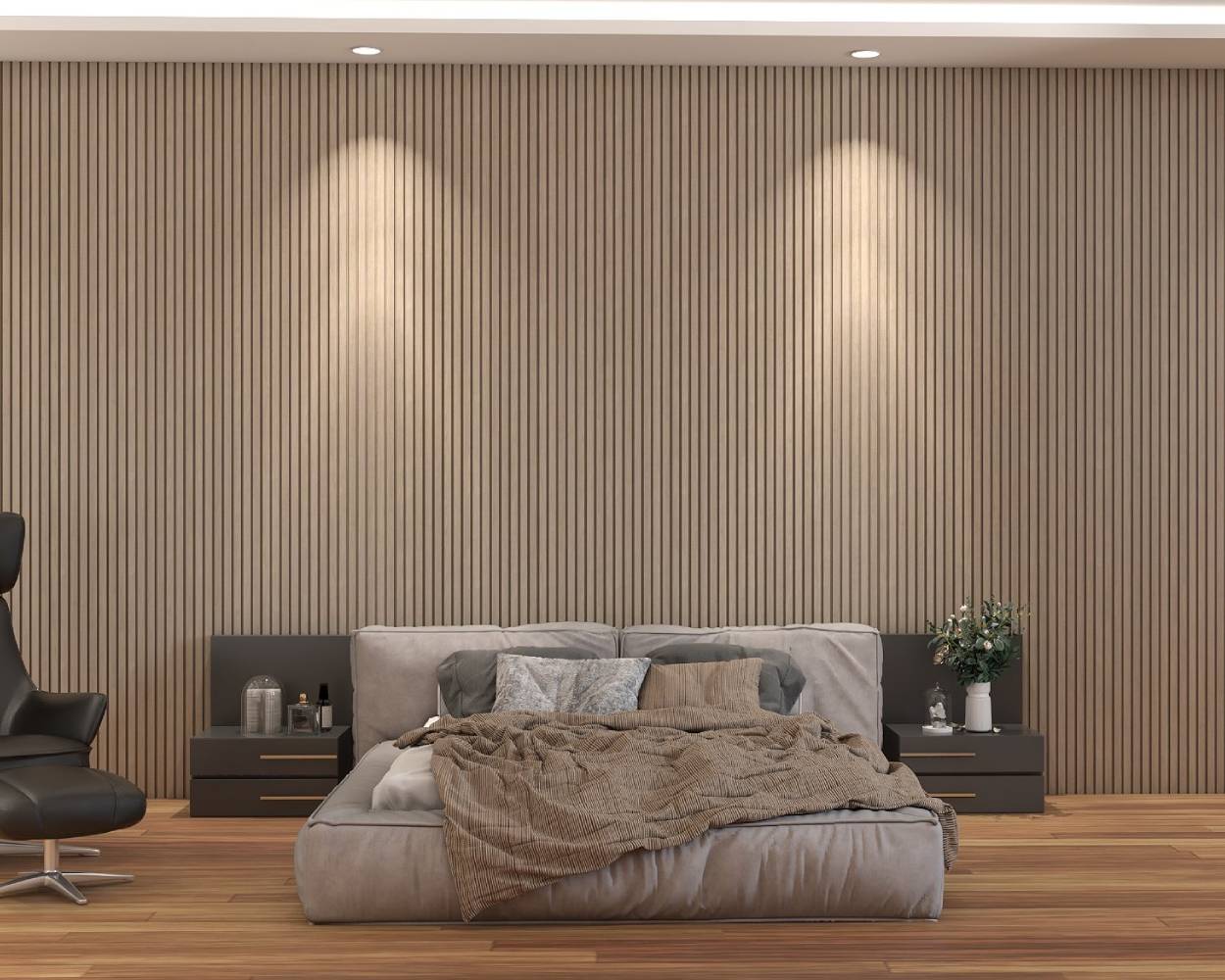 Light Brown Contemporary Thin Shiplap Wall Design For Bedrooms | Livspace
