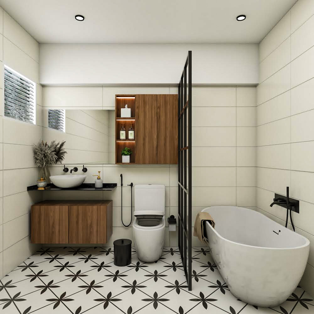 Rectangular White Contemporary Restroom Tile With Grid Pattern | Livspace