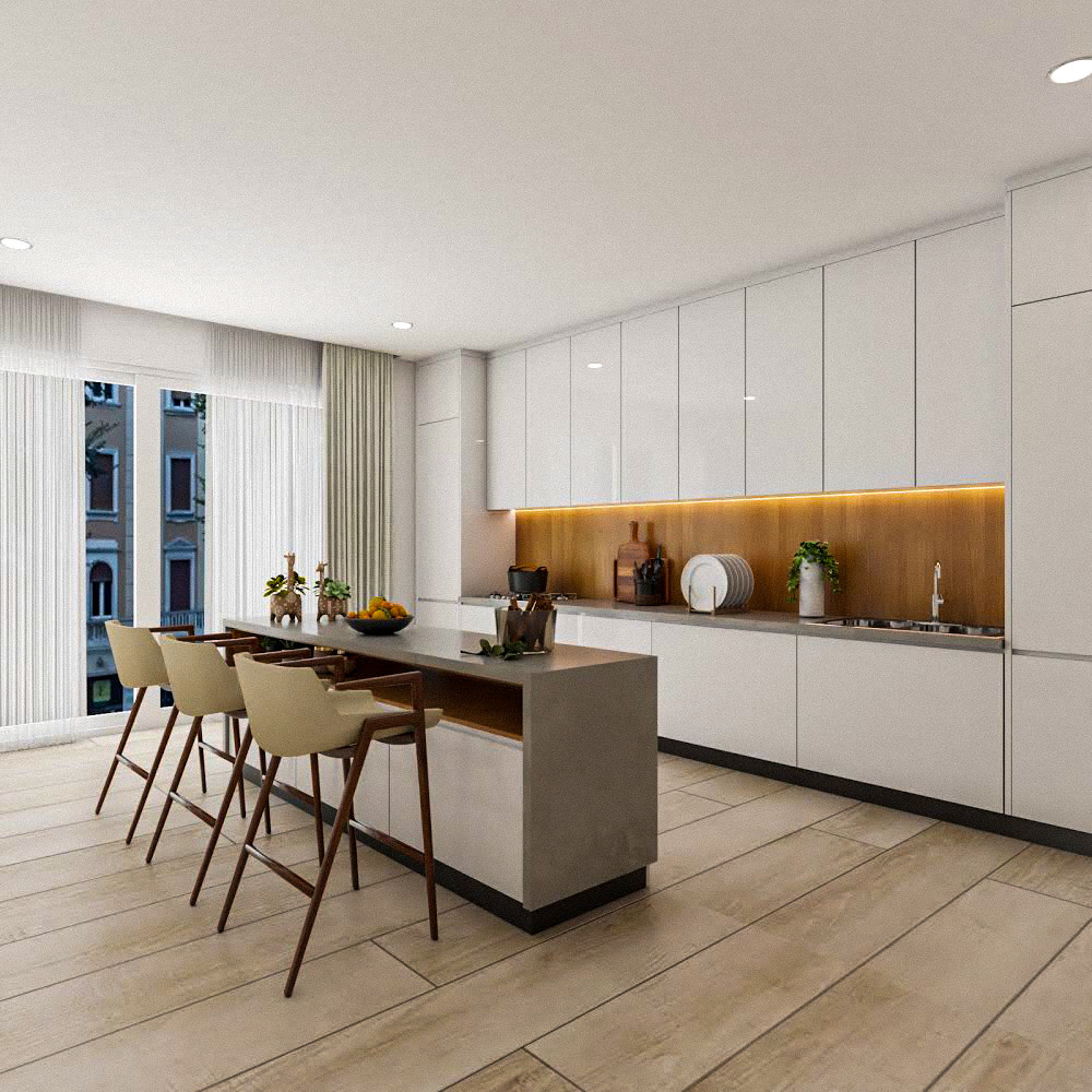 Modular White Kitchen Design With Quartz Countertop And Kitchen Island ...