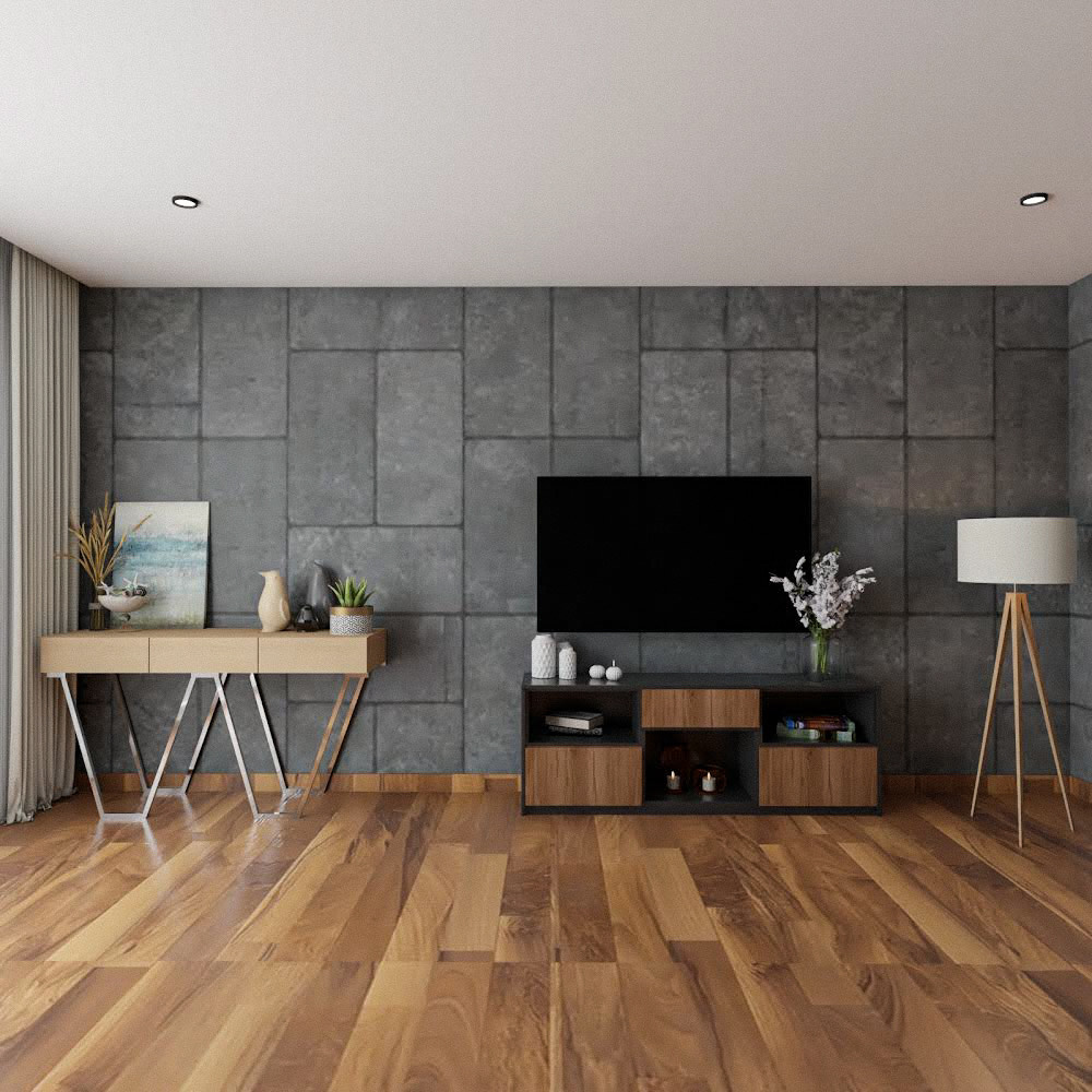 Brown And Black TV Unit Design With Grey Paneling | Livspace
