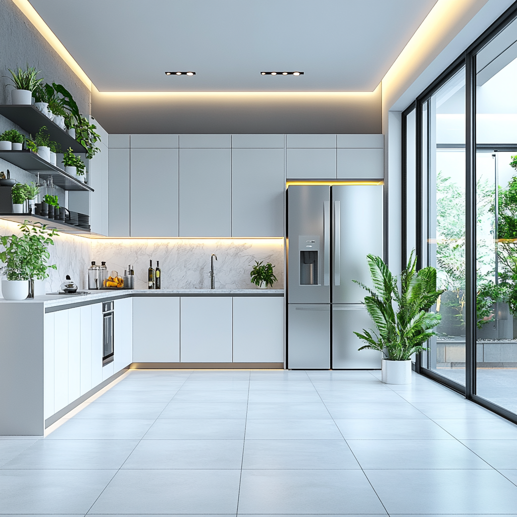 White L-Shaped Kitchen Designwith Spacious Layout and Quartz Counters ...