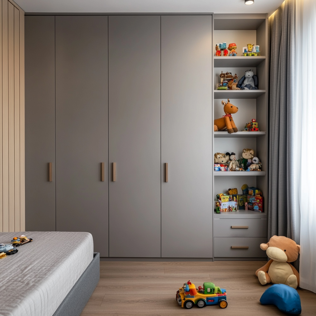 Minimal 4-Door Grey Wardrobe Design with Suede Finish for Stylish ...