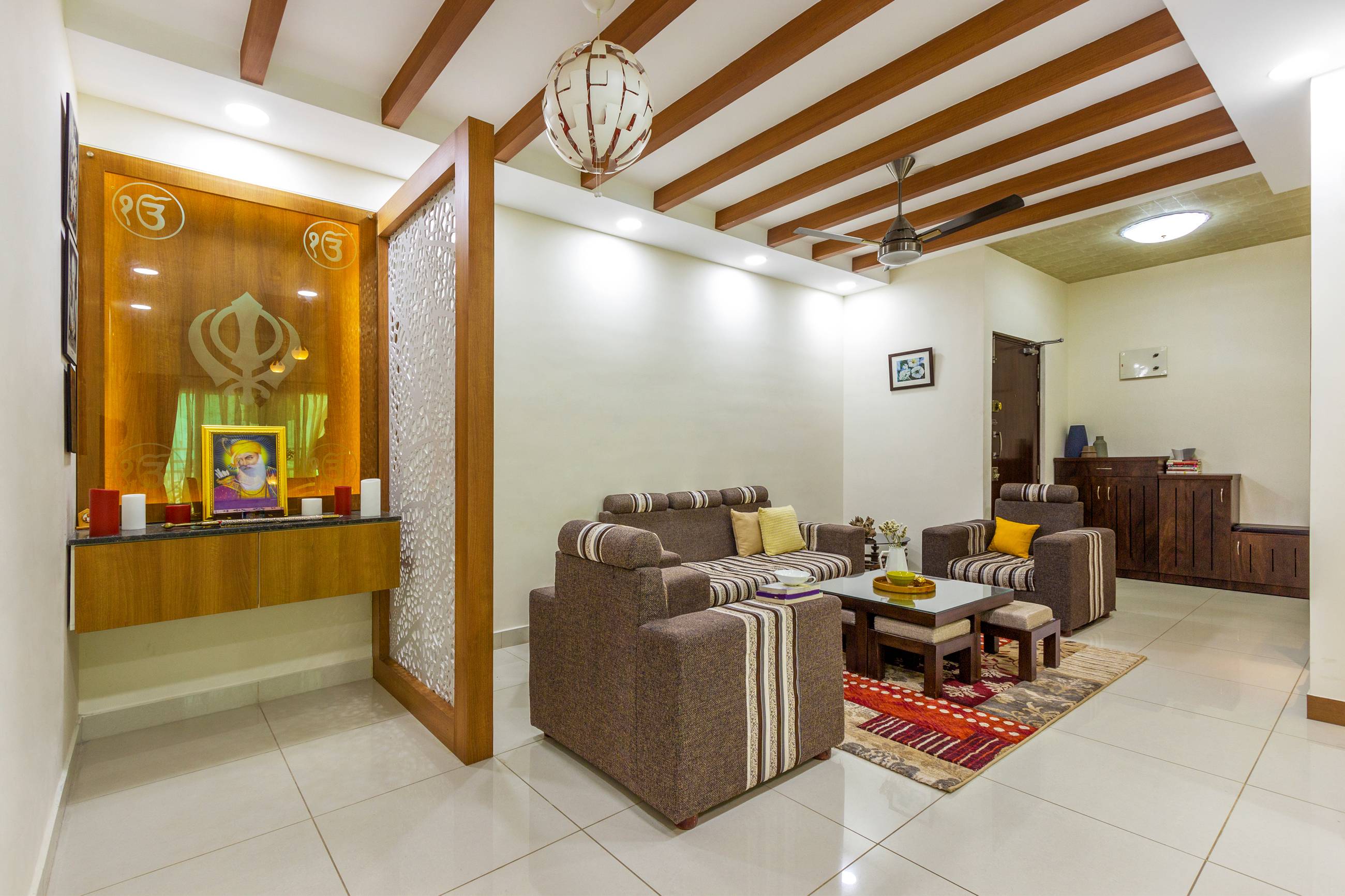 Wooden Rafters With Modern False Ceiling Design | Livspace