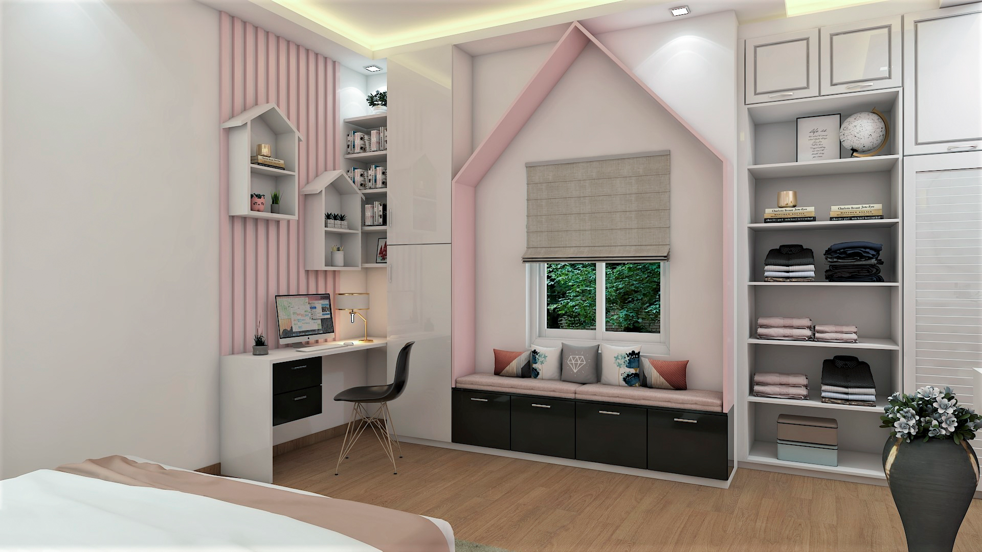 Study Room With Unique Pink Upholstery | Livspace