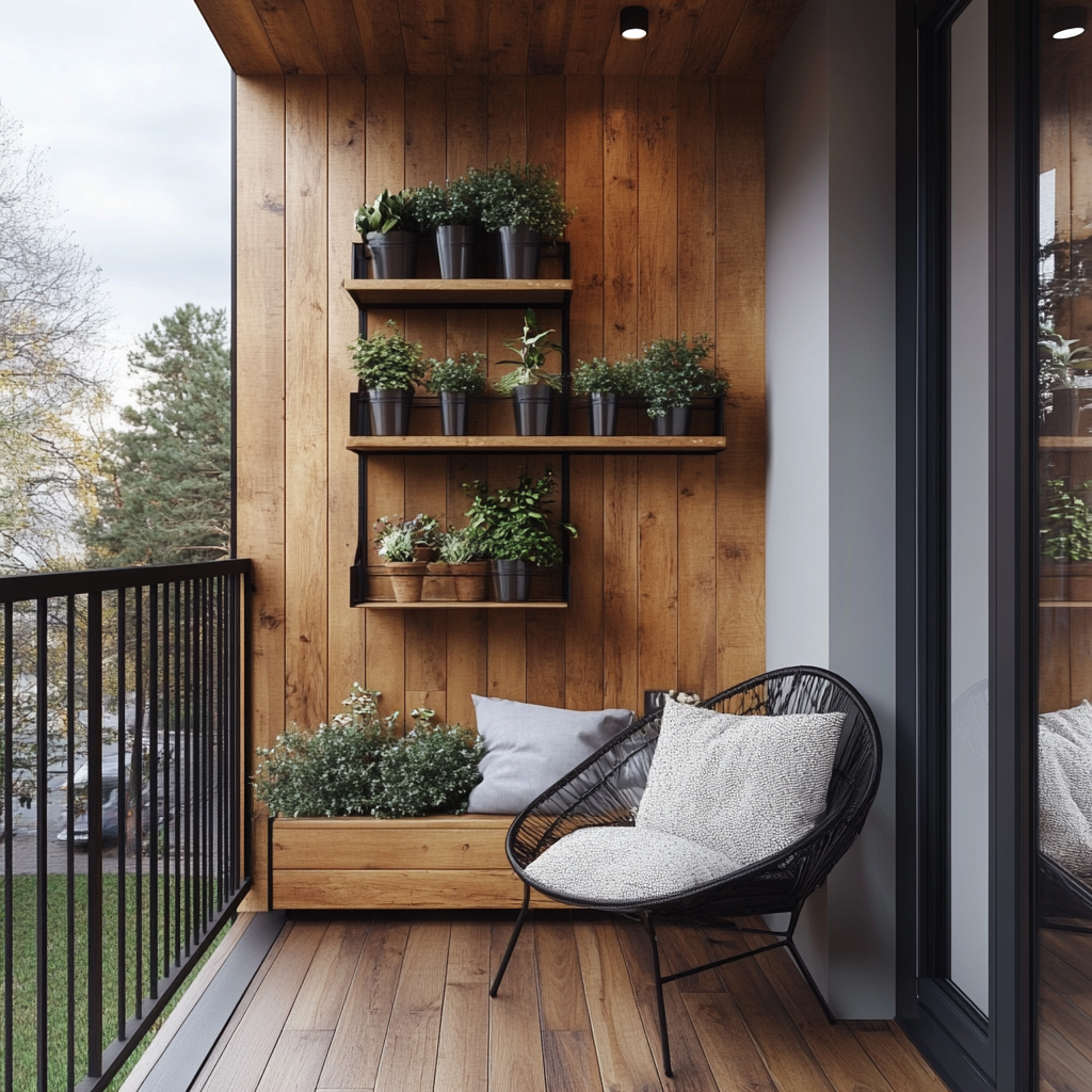 Modern Balcony Design With Black Shelf, Vertical Planters and Wire Chair | Livspace