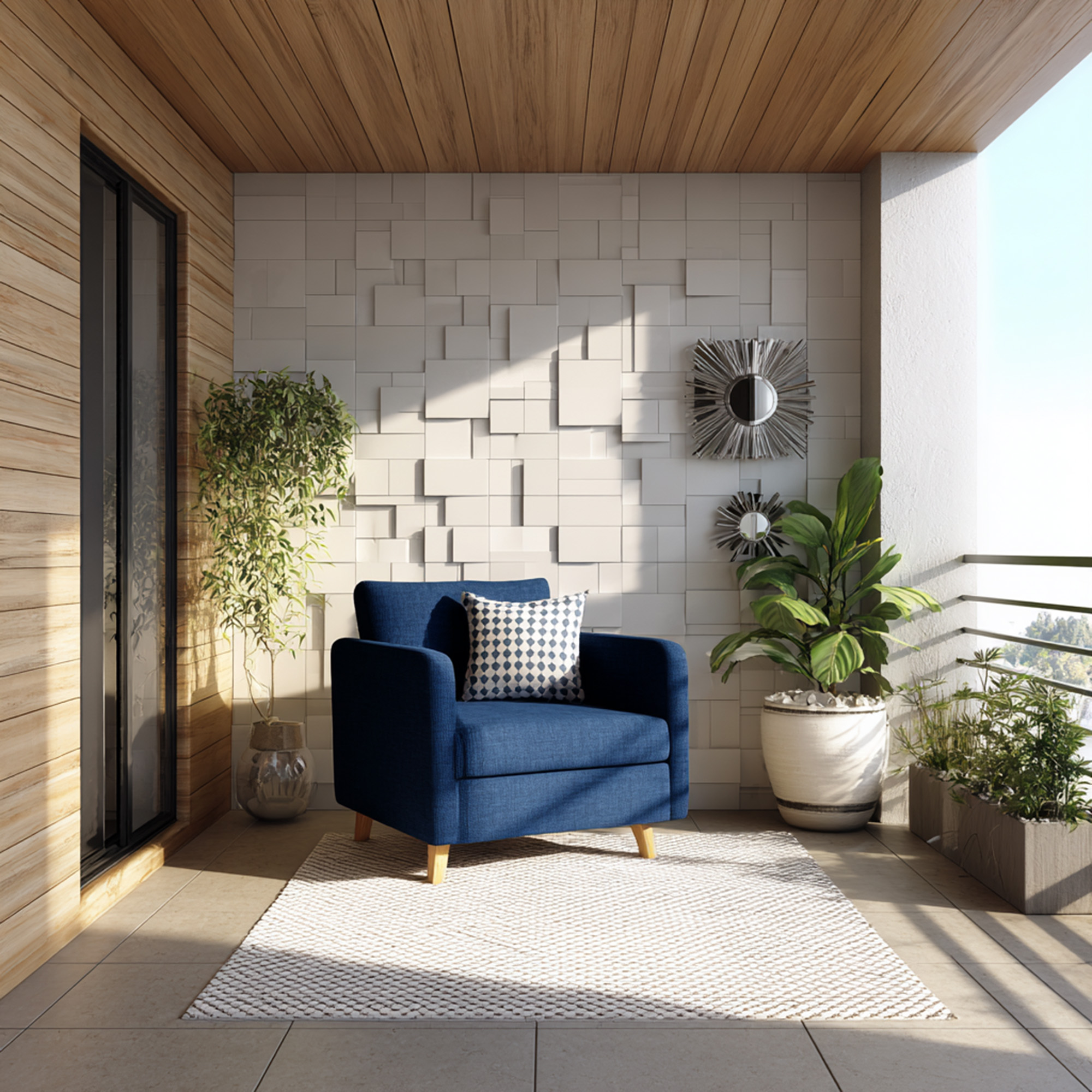 Blue Chair Modern Balcony Design with Wooden Ceiling and Green Planters ...