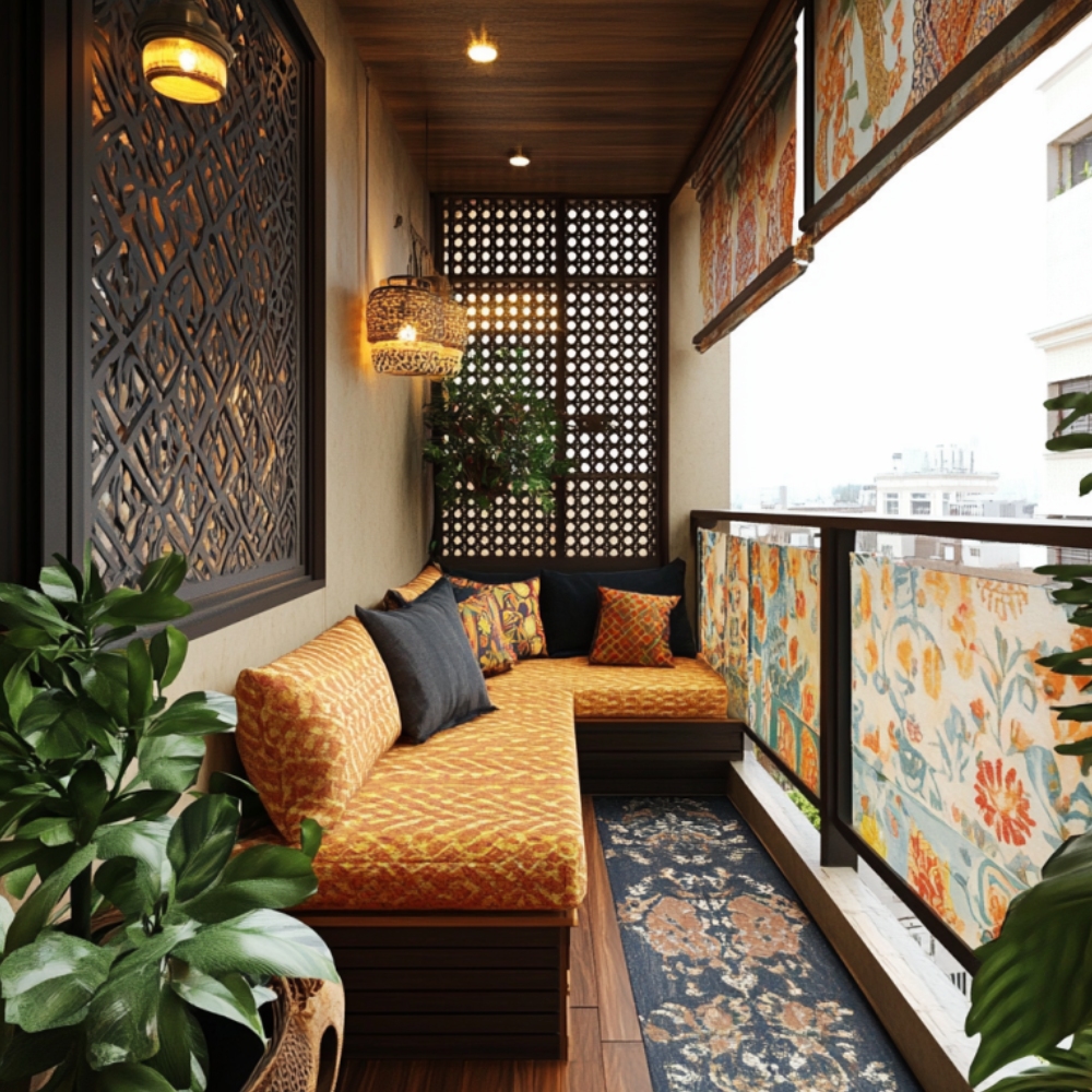 Tropical Balcony Design with Vibrant Cushions, Lattice Screens, and ...