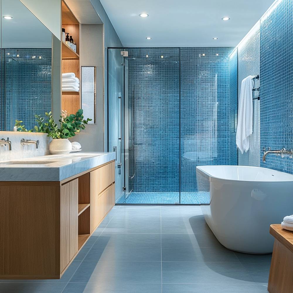 Modern Blue Square Ceramic Bathroom Tiles Design With Mosaic Appeal ...